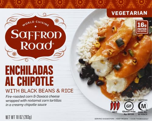Saffron Road Enchiladas Al Chipotle with Black Beans and Rice Frozen Dinner, 10oz - Vegetarian, Gluten Free, Halal