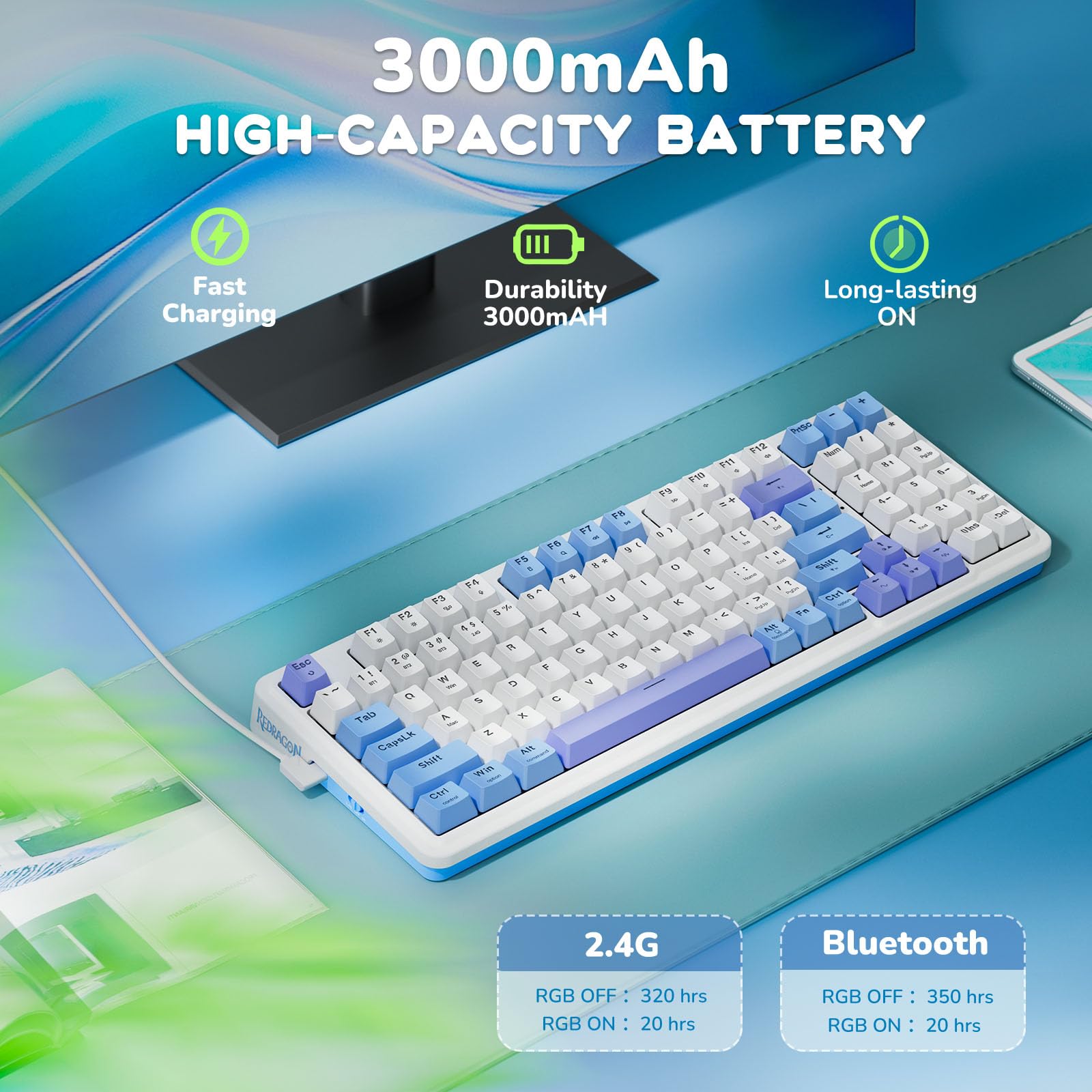 Redragon Wireless Mechanical Keyboard,Bluetooth 5.0/2.4GHz/USB-C Hot Swappable Custom Keyboard, Gasket Structure,RGB Backlit Gaming Keyboard Creamy Sound (White Purple)