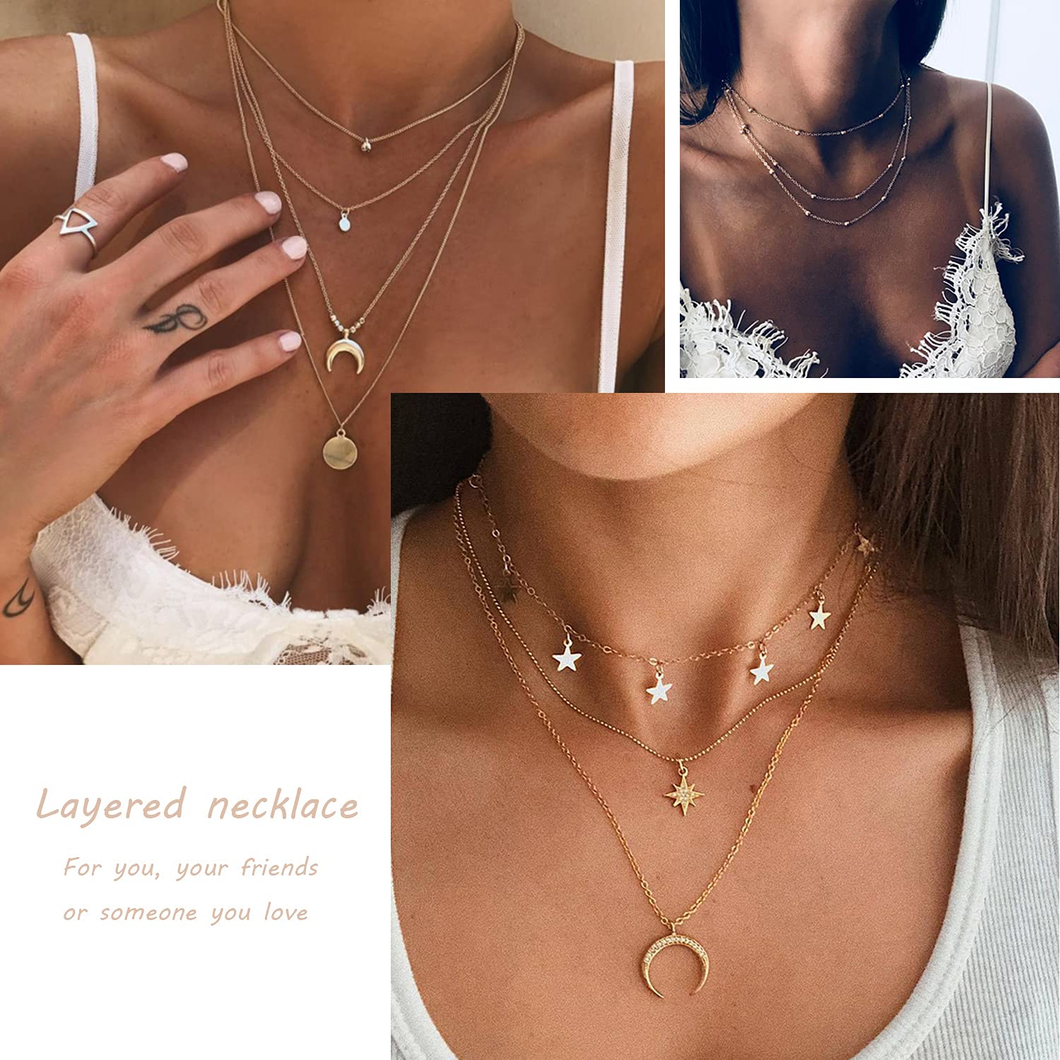 RINHOO FRIENDSHIP 4-6Pcs Multiple Layered Choker Necklace With Moon Star Coin Multi Layered Y Pendant Necklaces Set For Women (4PCS Multiple Silver Necklace)