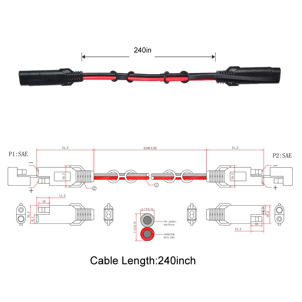 SPARKING 20FT SAE Extension Cable 16AWG- SAE to SAE Extension Cord 20FT, SAE 2Pin Bullet Quick Connect 16awg Heavy Duty Wire Harness with Waterproof Cap