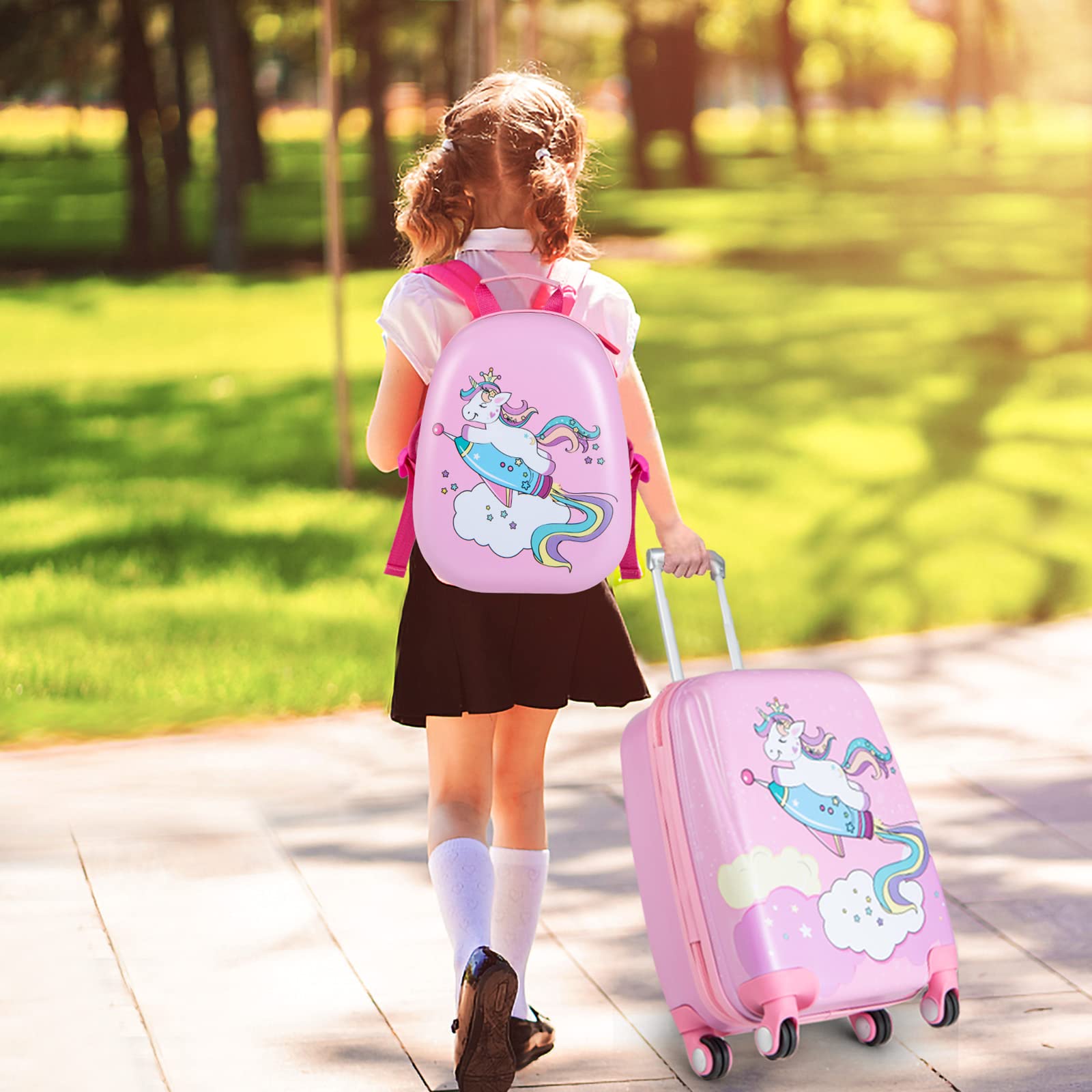 Olakids Kids Luggage Set, 12’’ Travel Backpack and 18’’ Carry on Suitcase with Wheels for Children Boys Girls, 2 Pcs Rolling Spinner Trolley Case Gift for Toddlers (Pink Unicorn)