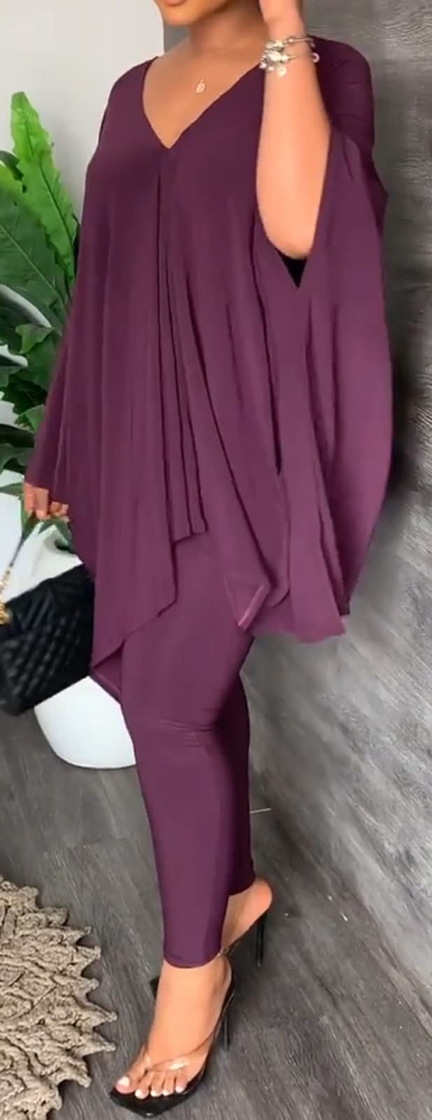 Women’s Casual 2 Piece Outfits Solid V Neck Batwing Sleeve Asymmetric Top Tracksuits Set Bodycon Long Pants 2 Piece Loungewear Purple Large