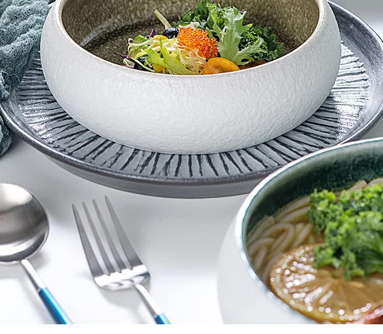 Uaral Salad Bowl Large Serving Bowl 18 Ounce Appetizer Bowls 6.5inch Ceramic Shallow Bowl Set of 4, (White Texture&Green)
