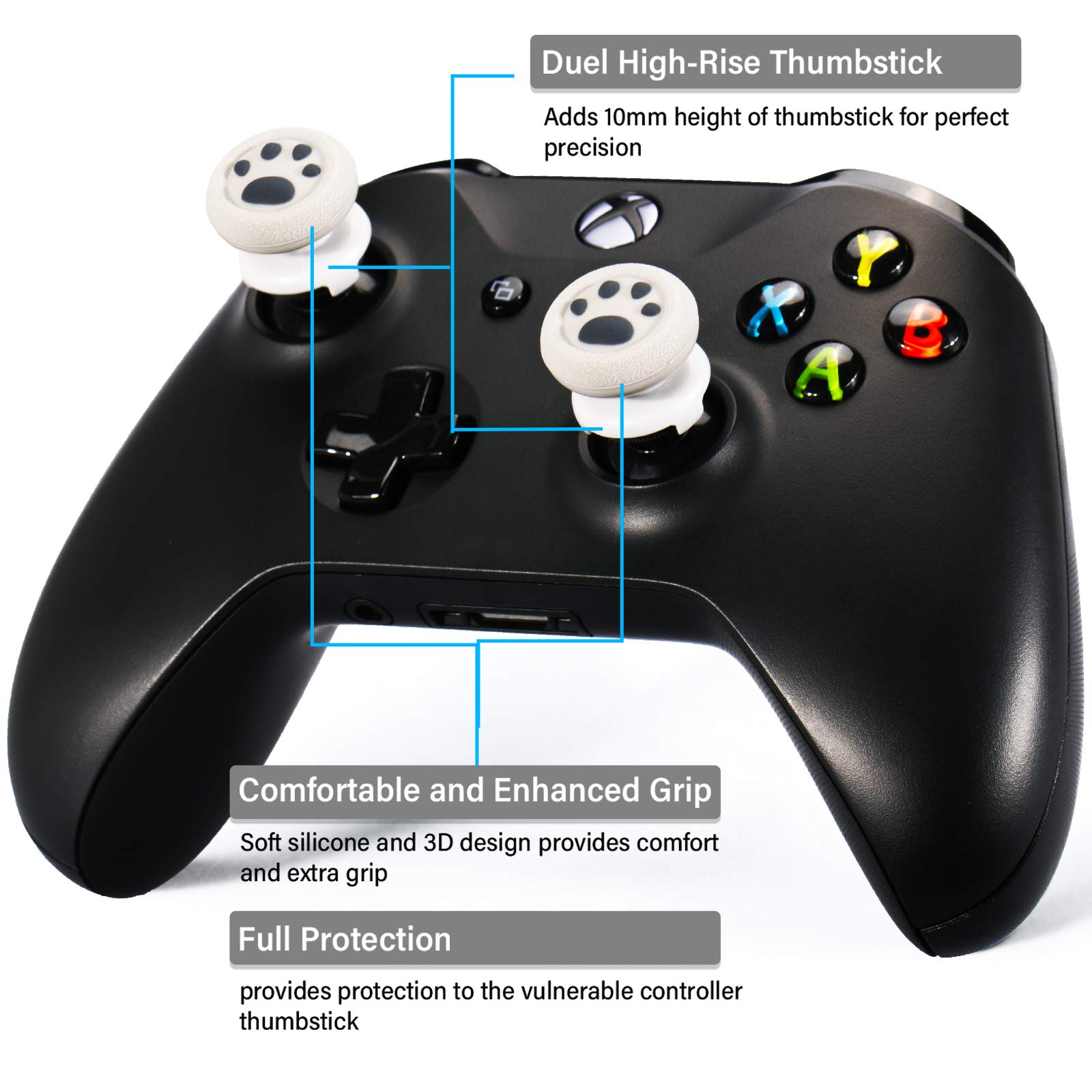 Playrealm FPS Thumbstick Extender & 3D Texture Rubber Silicone Grip Cover 2 Sets for Xbox Series X/S & Xbox One Controller (Cat Paw Grey)