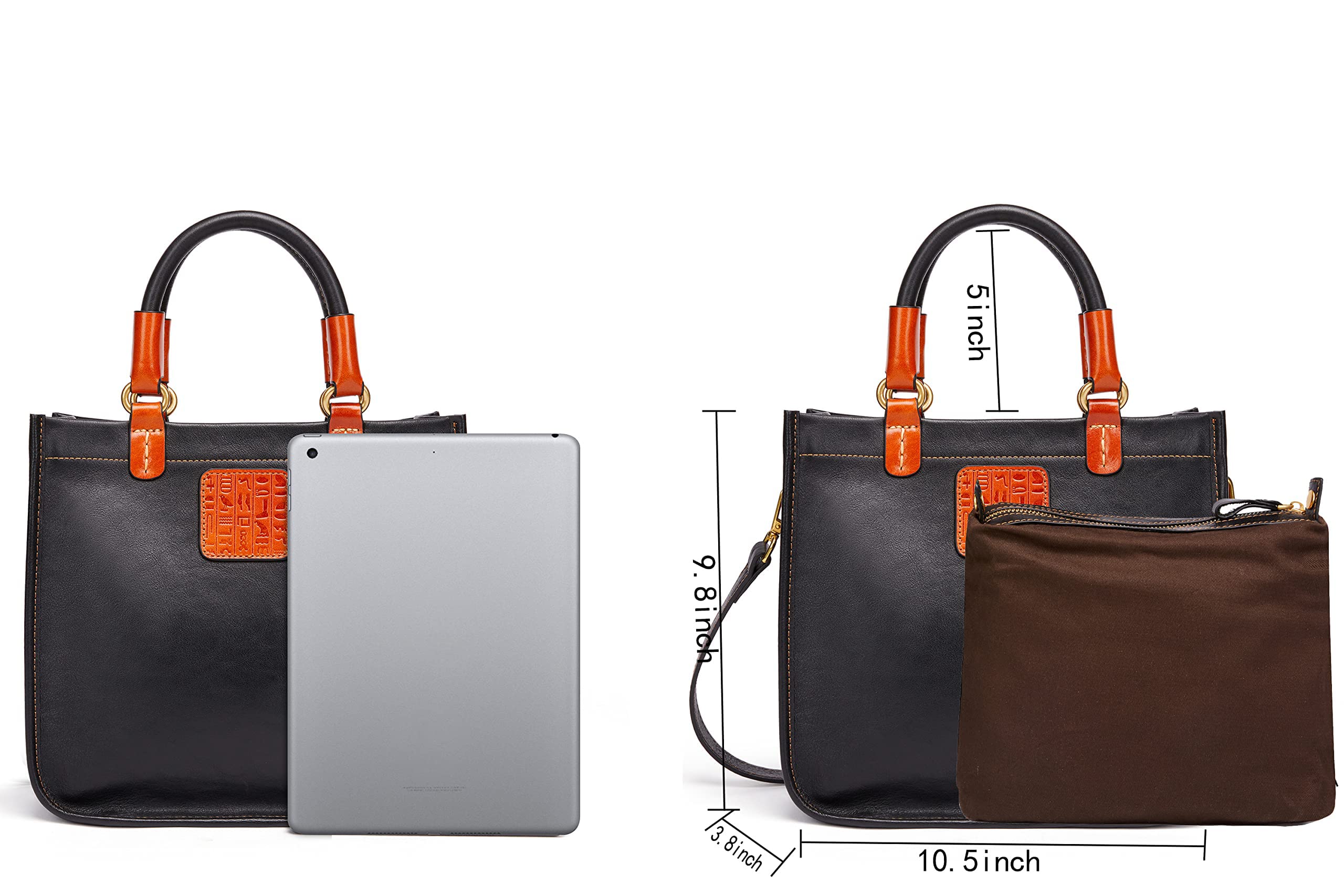 Vintage Leather Tote Bag For Women Casual Top Handle Shoulder Purse With Wide Straps (1-Black)