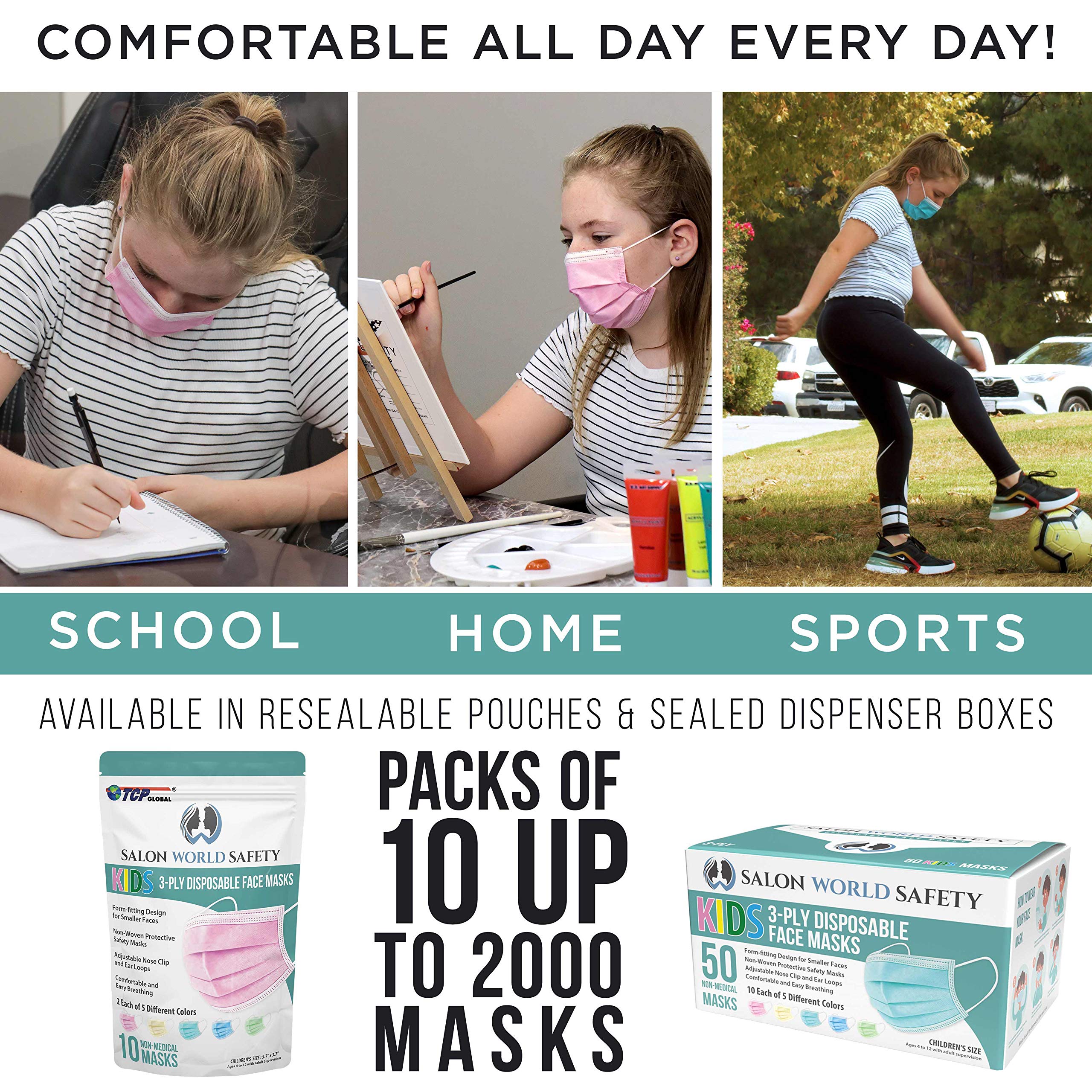 TCP Global Salon World Safety - Kids Face Masks 500 Pk 3-Ply Protective PPE (5 Colors, 100 Each)