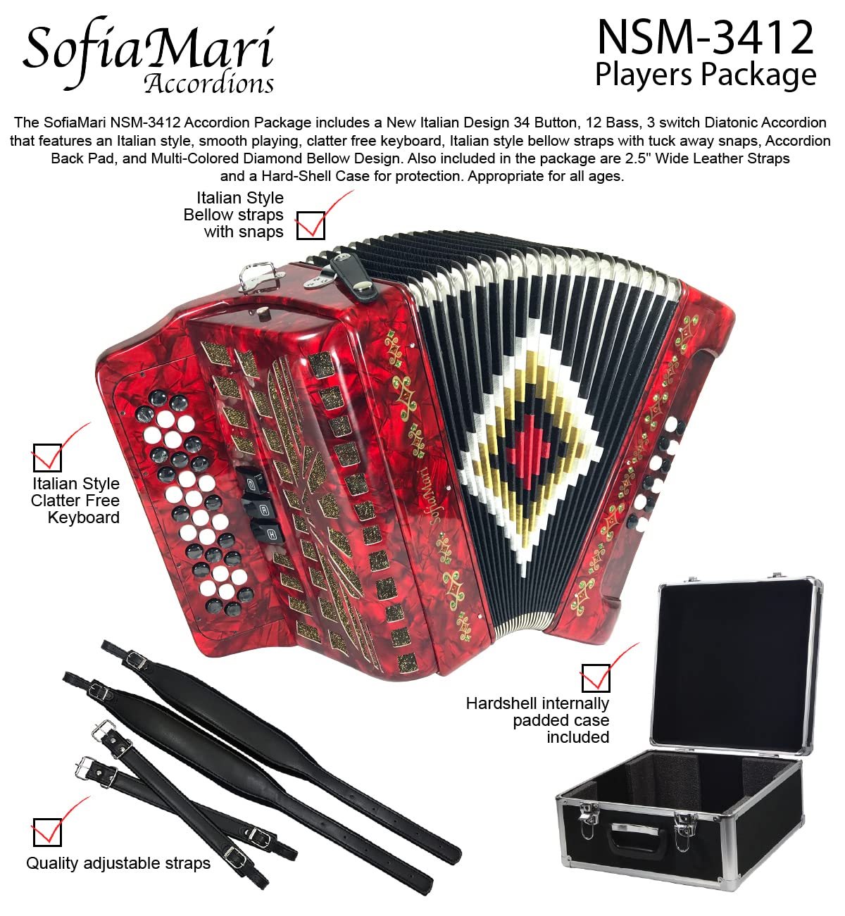 SofiaMari NSM3412 Accordion Package: 34 Button, 12 Bass, 3 Switch Accordion with Case and Straps (Fa/FBE, Red Pearl)