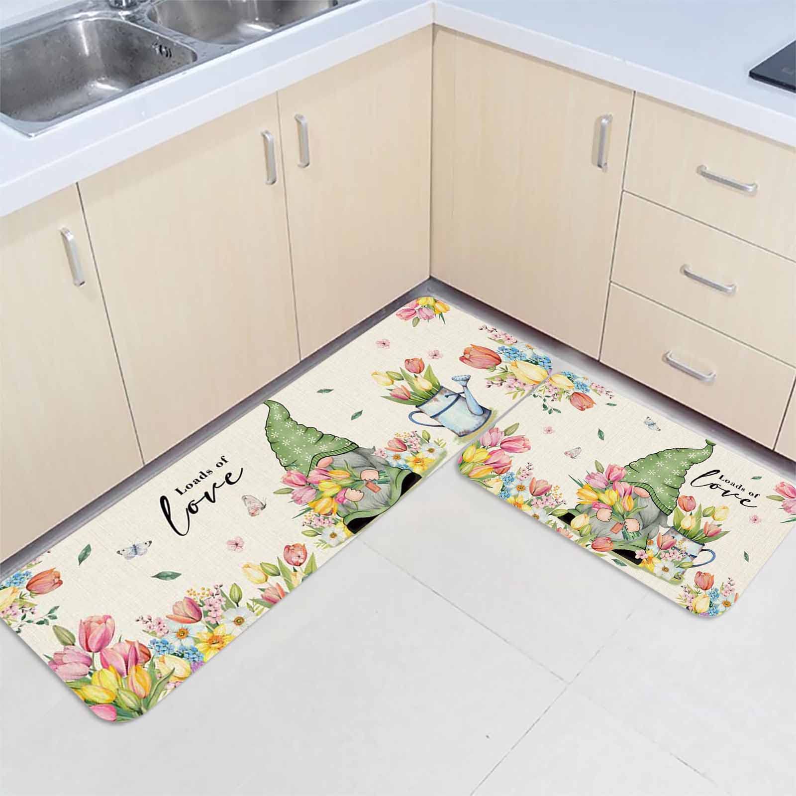 ZOE GARDEN 2 Pcs Kitchen Rug Set, Tulip Floral Gnomes Non-Slip Kitchen Mats and Rugs Comfort Floor Door Mat Doormat, Retro Spring Love Colorful Flower Throw Bath Runner Rug Mat