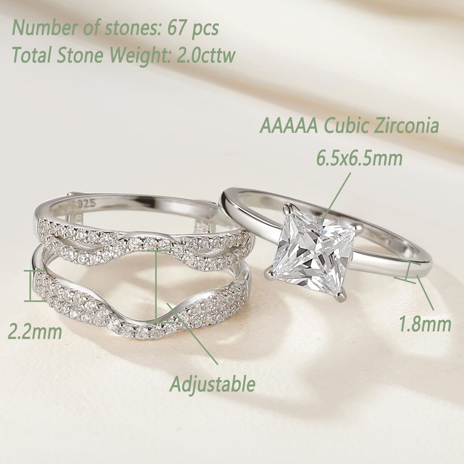 Wuziwen 2 Carat Princess Cut 925 Sterling Silver Ring Enhancers CZ Wedding Ring Sets For Women Size 10