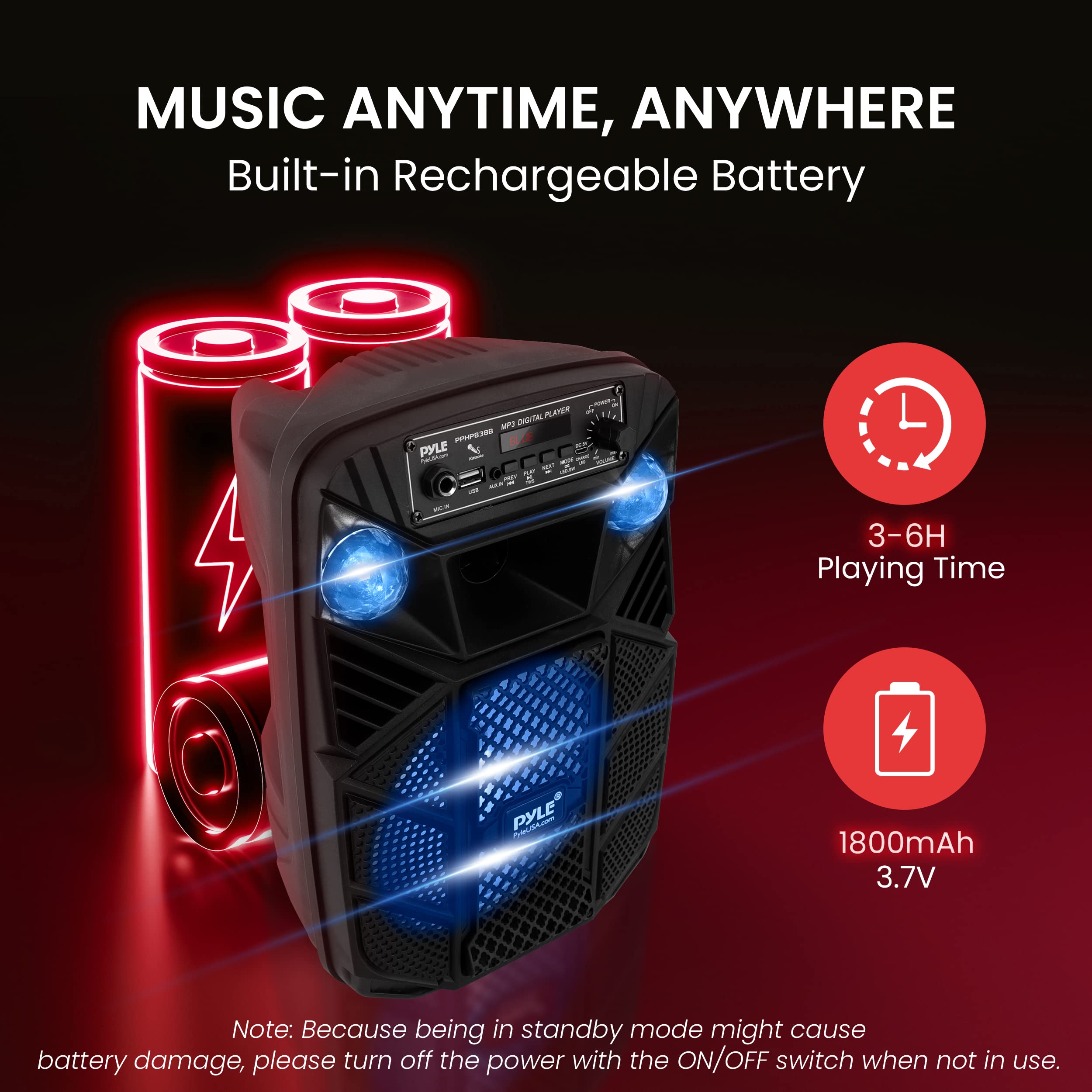 Pyle Bluetooth PA Speaker System - 300W Rechargeable Outdoor Bluetooth Speaker Portable PA System w/ 8β Subwoofer 1β Tweeter, Microphone in, MP3/USB, Radio, Remote - Pyle PPHP838B, Black