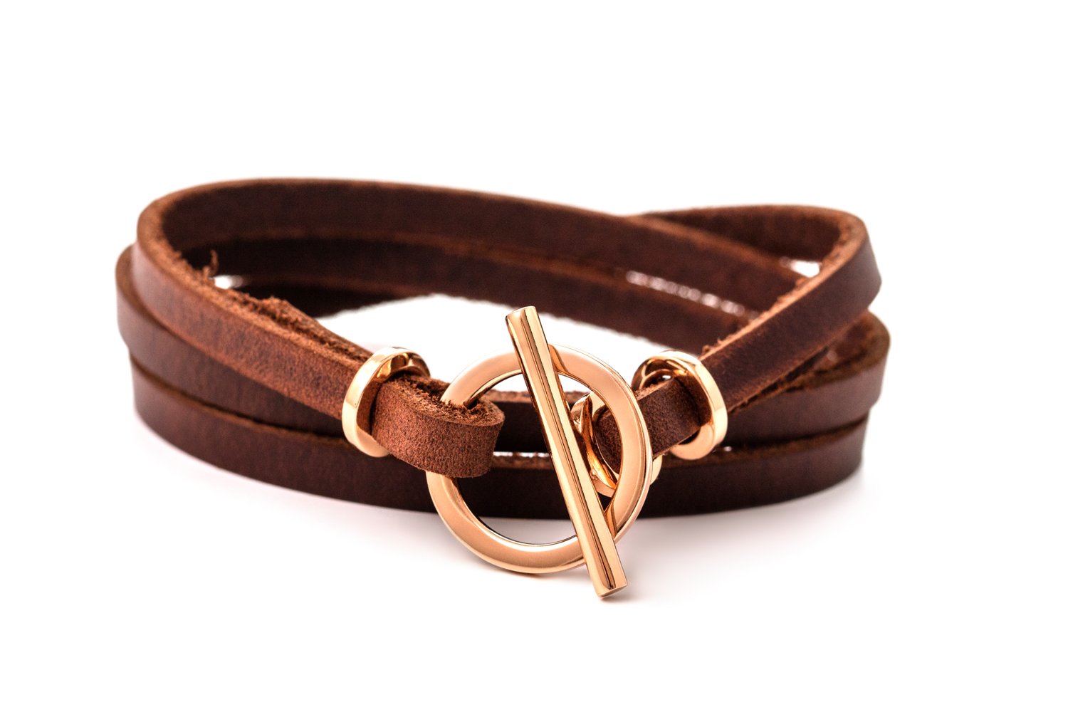 Rose gold Leather Bracelet for woman Leather Wrap Bracelet with Toggle Clasp and genuine leather handmade bracelet (Brown)