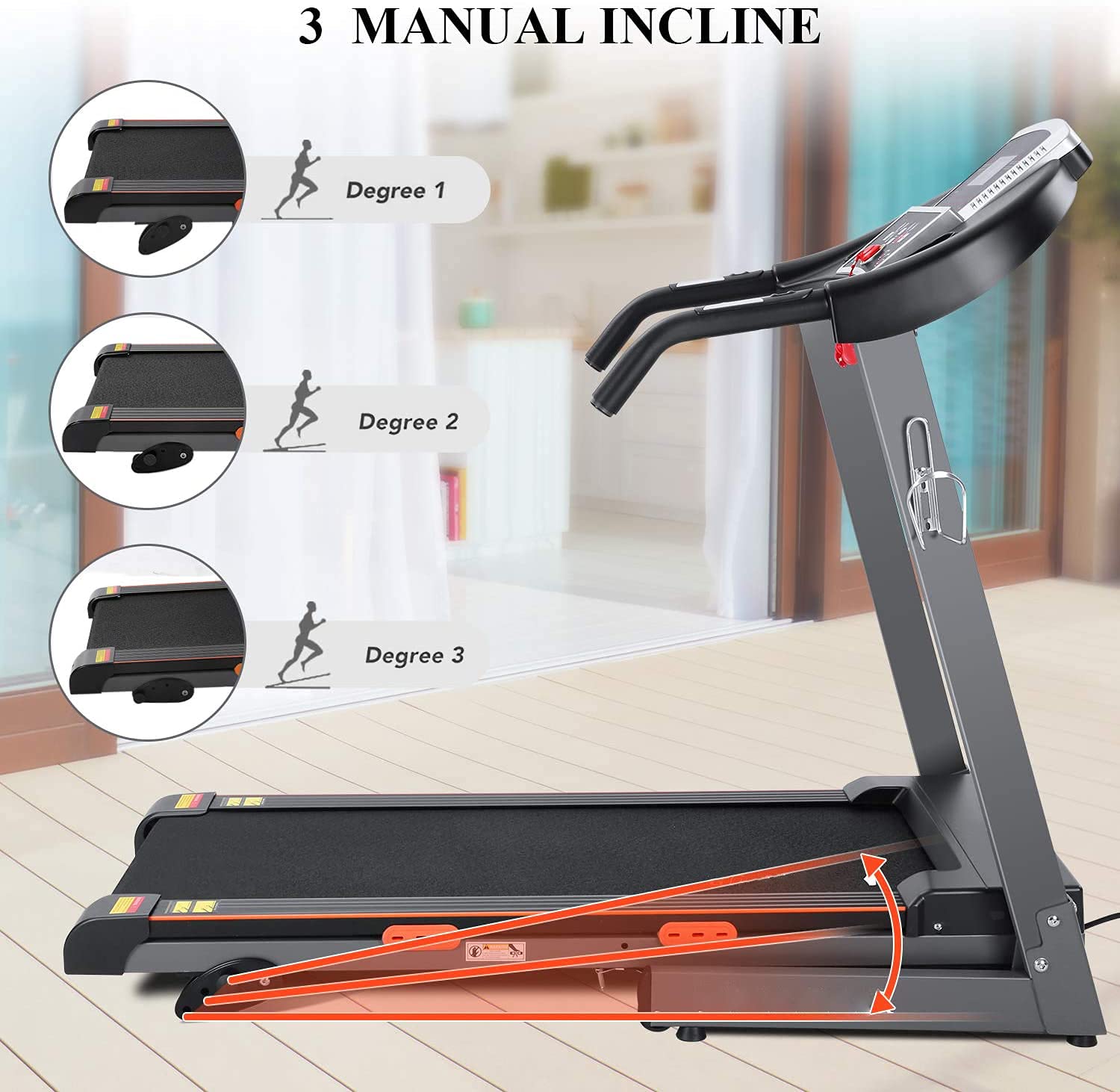 Treadmill Electric Folding Treadmill Manual Incline Running Machine 0.5HP 8.5MHP Speed 3-Level Incline Adjustment with Pre-Set Training Programs Large LCD Display Cup Holder for Home Use