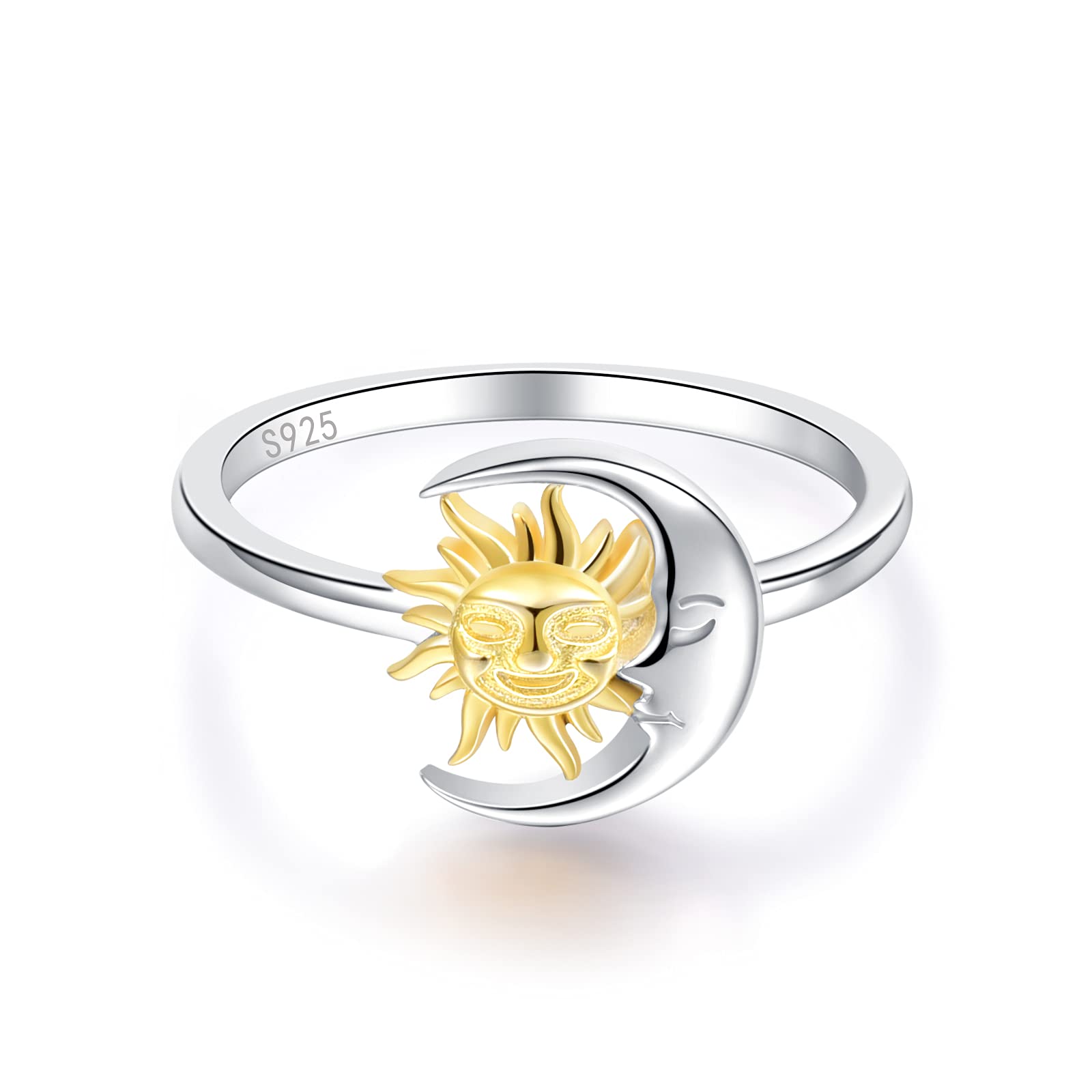ZGBY Sun and Moon Ring 925 Sterling Silver Crescent Moon Sun Rings for Women Teens Lovers jewelry gifts (sun moon ring, 10)