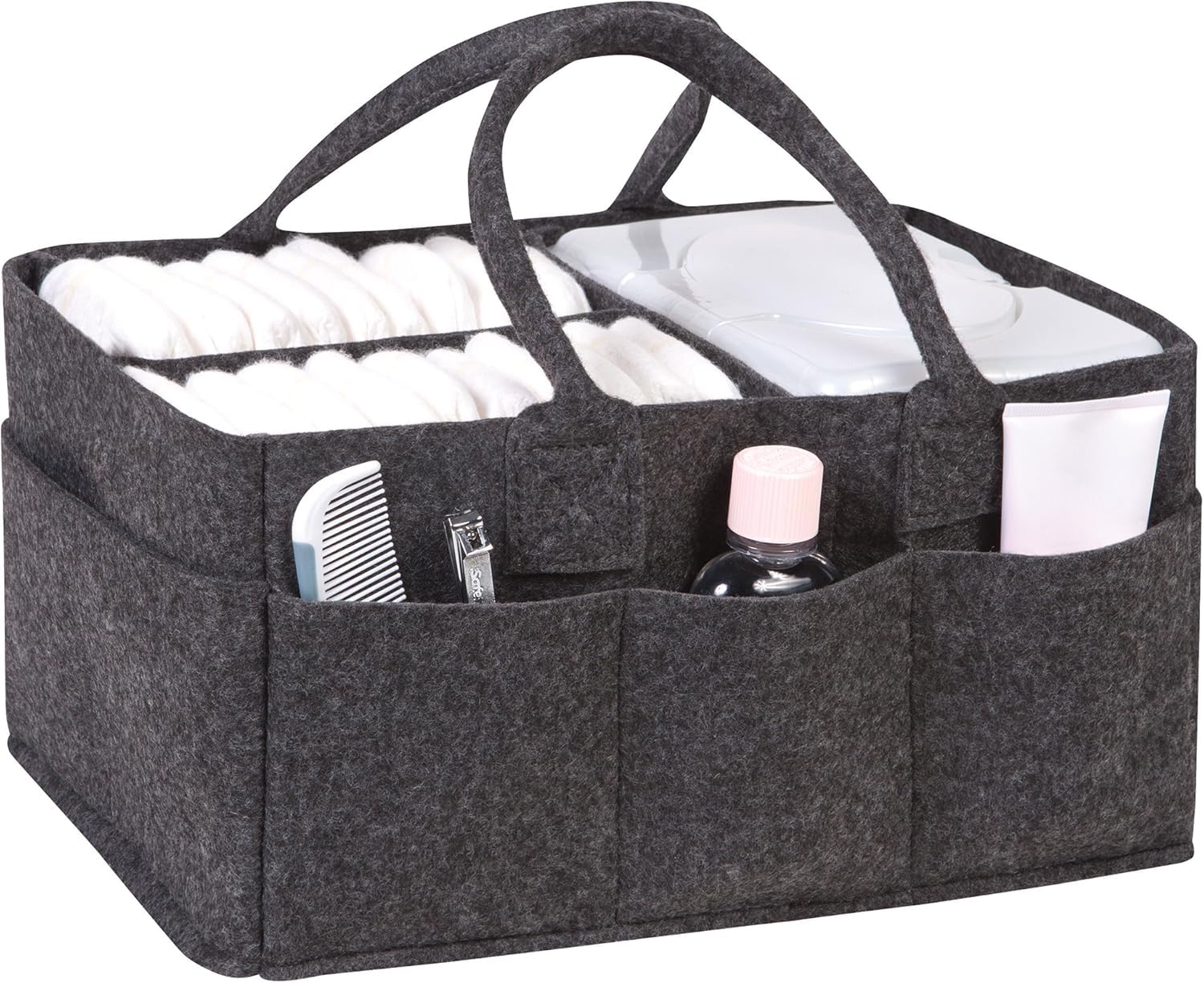 Sammy & Lou Collapsible Charcoal Gray Felt Storage Caddy, Divided Design To Keep Diapers, Wipes And Changing Items Organized, Two Handles, 11.5 in x 6 in x 8 in