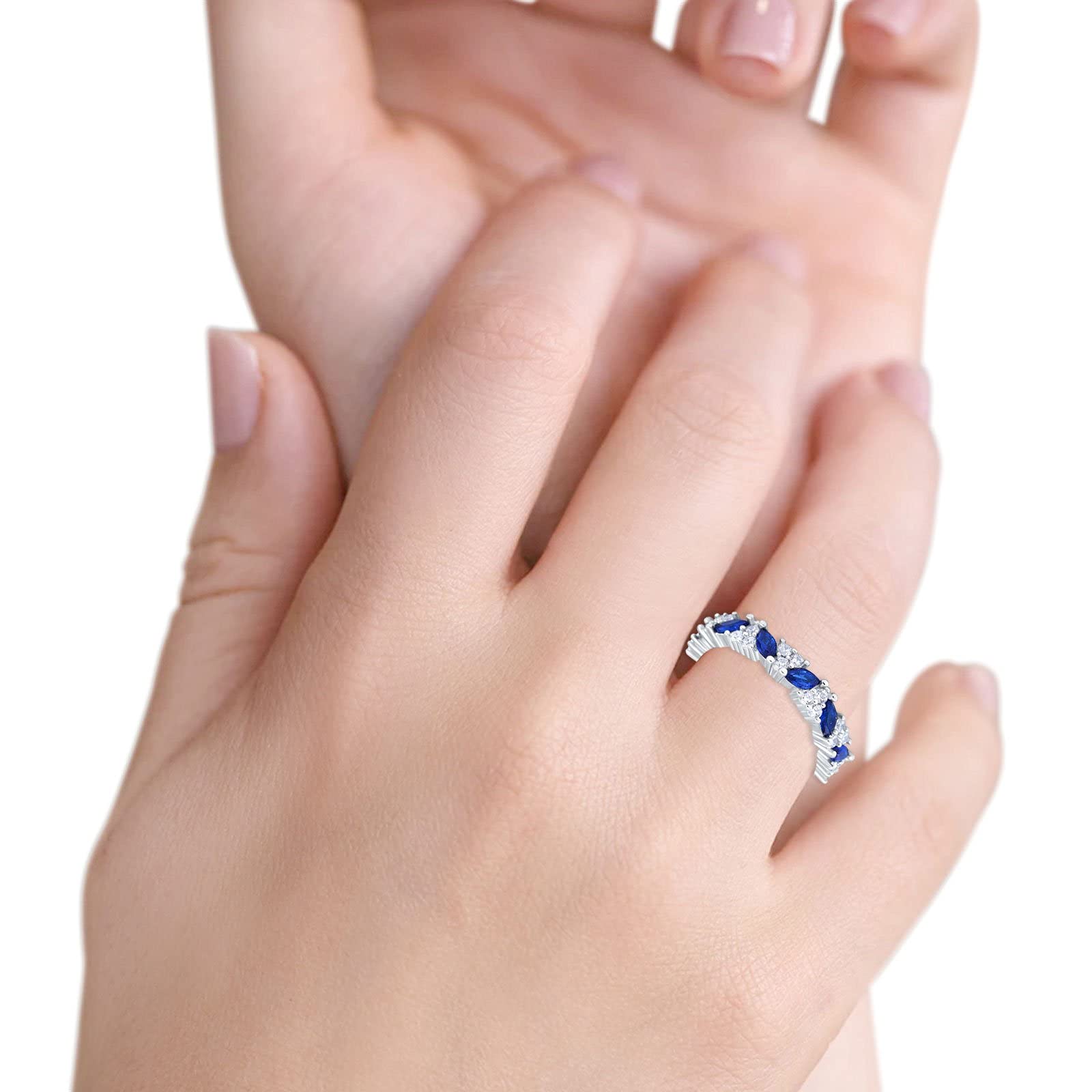 Simulated Blue Sapphire CZ Size-5 Art Deco Eternity Band Marquise Wedding Band Engagement Ring Simulated Cubic Zirconia 925 Sterling Silver