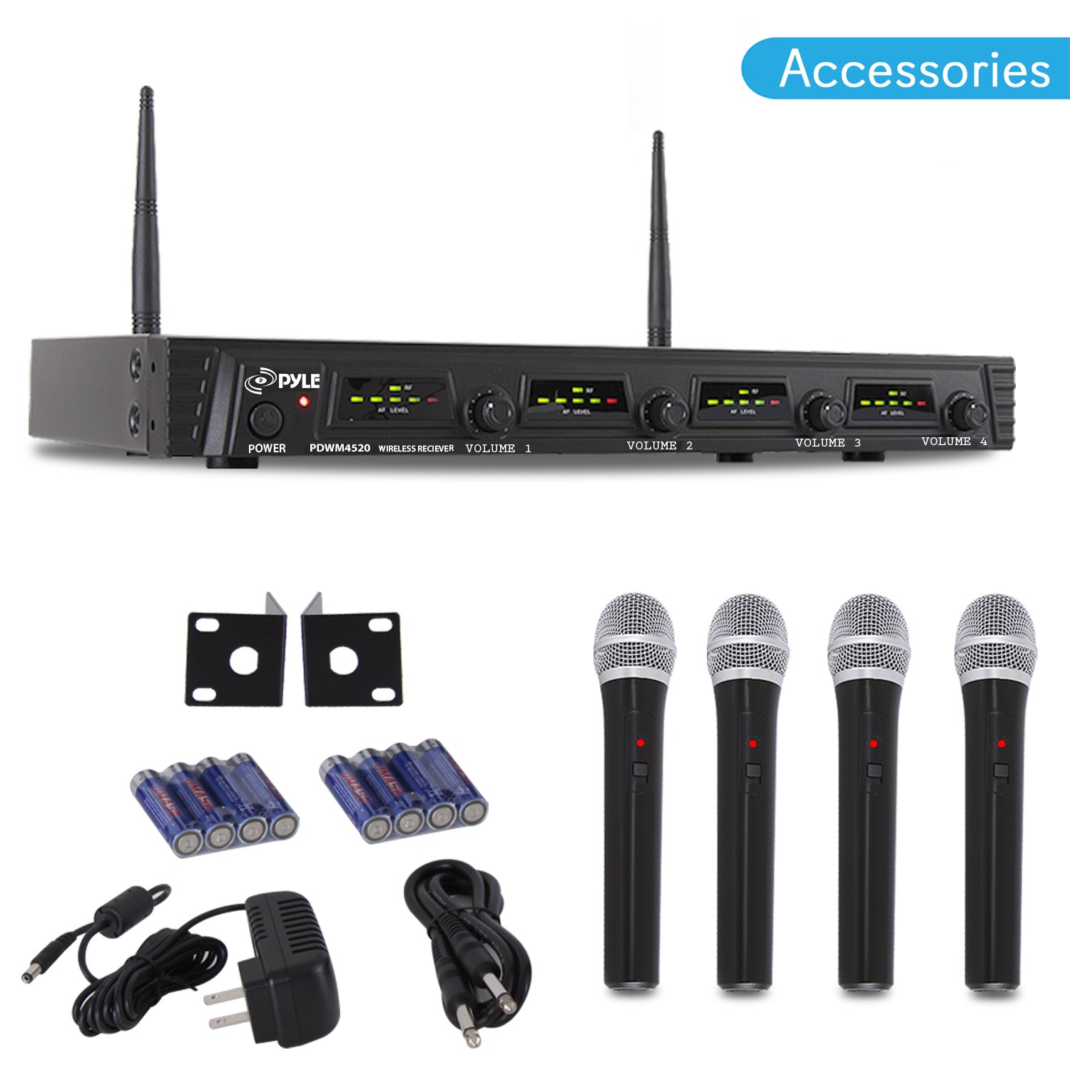 Pyle 4 Channel Wireless Microphone System-Portable UHF Audio Set with XLR Jack-4 Handheld Dynamic Mic, Receiver, Dual Antenna, Power Cable Adapter-for Karaoke, PA, DJ Party Pro PDWM4520
