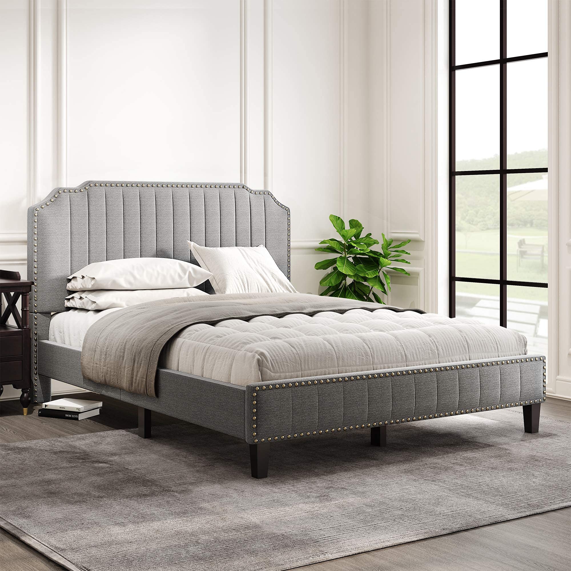 Tmosi Queen Size Upholstered Platform Bed Frames with Headboard, Modern Linen Curved Bedroom Furniture with Wood Slat Support, No Box Spring Needed (Grey)