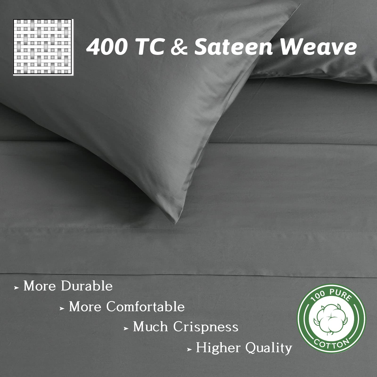 VERZEY 100 Cotton 18 Inch Deep Pocket Cotton Sheets for King Size Bed 4 Piece Cooling Bed Sheet Sets 400 Thread Count Sateen Weave (Grey, King)