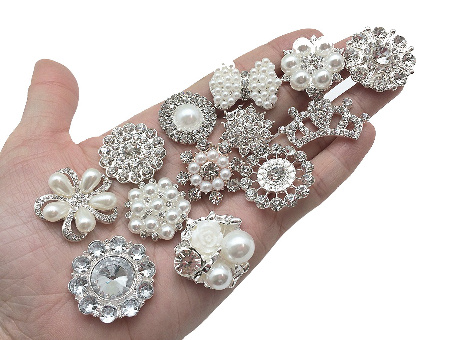 PEPPERLONELY Brand 12PC Mixed Style Acrylic Pearl Rhinestone Flat Back Alloy Metal Embellishments & Sew On Buttons 13/16~1-3/16 Inch