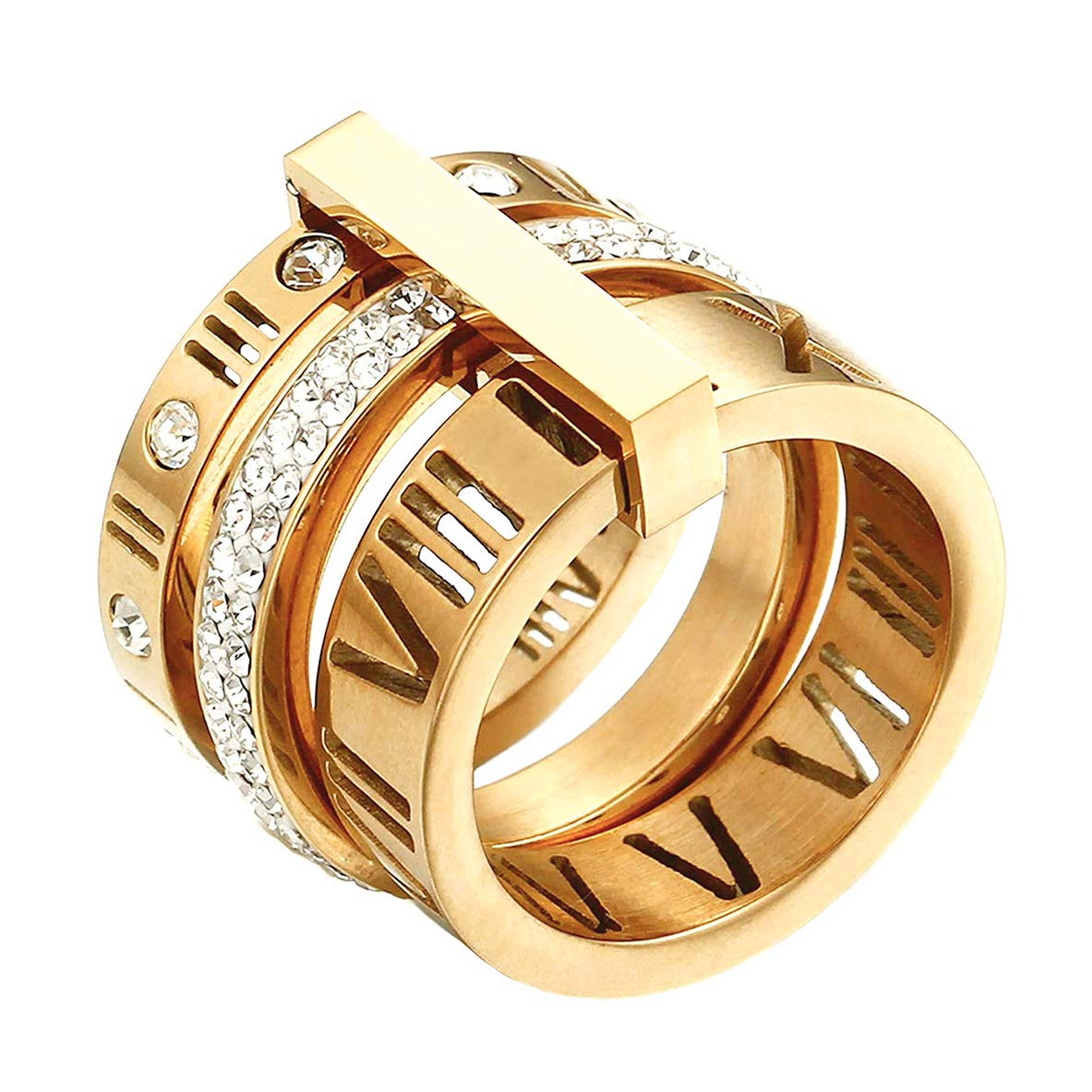 SINLEO Stainless Steel CZ Zirconia Roman Numeral Ring for Women 3 in 1 Trinity Wedding Band Spinner Rings Gold Size 8.75