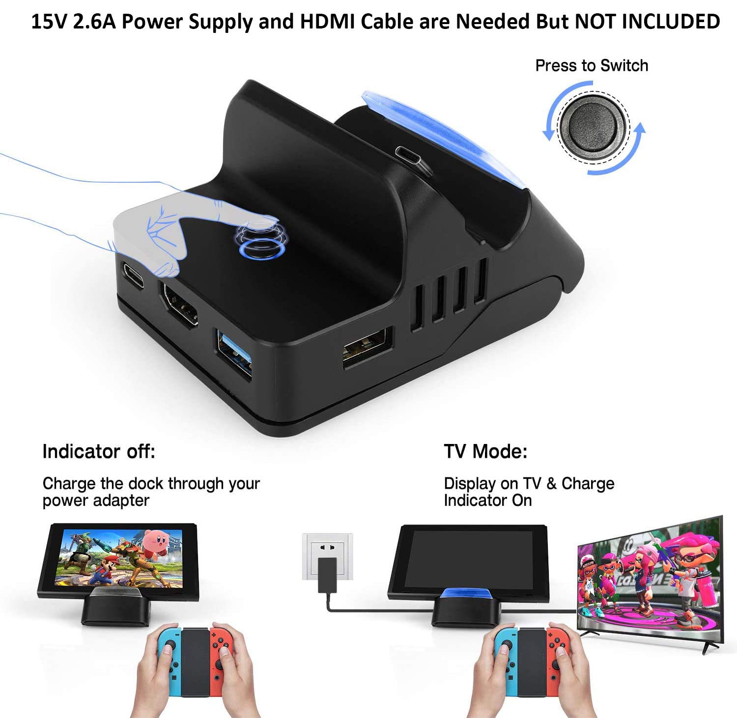 Switch TV Dock Docking Station Compatible with Nintendo Switch/Switch OLED Model, Portable Switch Base Charging Adapter Cradle with HDMI and USB3.0 Port