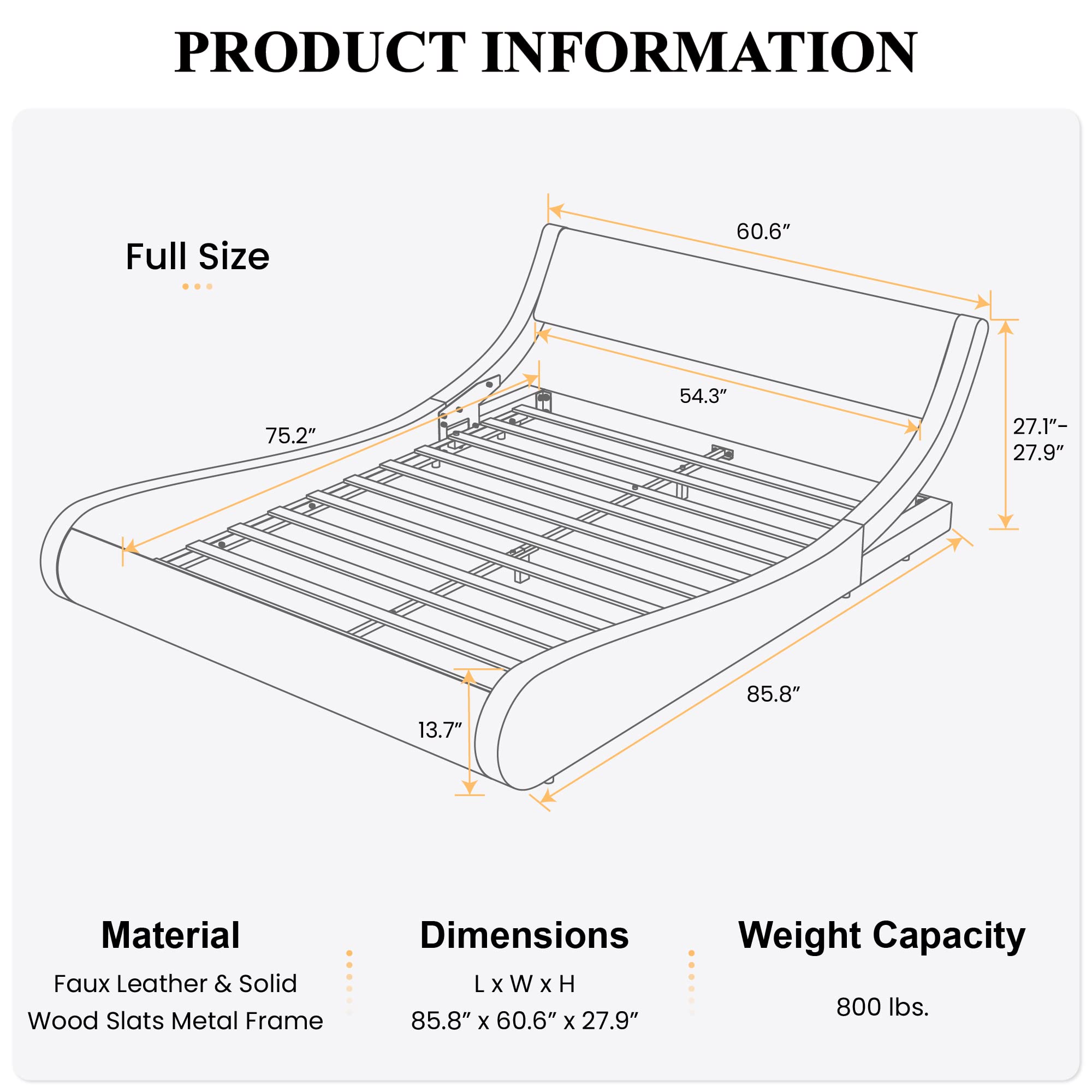 SHA CERLIN King Size Platform Bed Frame - Stylish Low Profile Design, Ergonomic Faux Leather Headboard, No Box Spring Needed, Modern Sleigh Bed, White