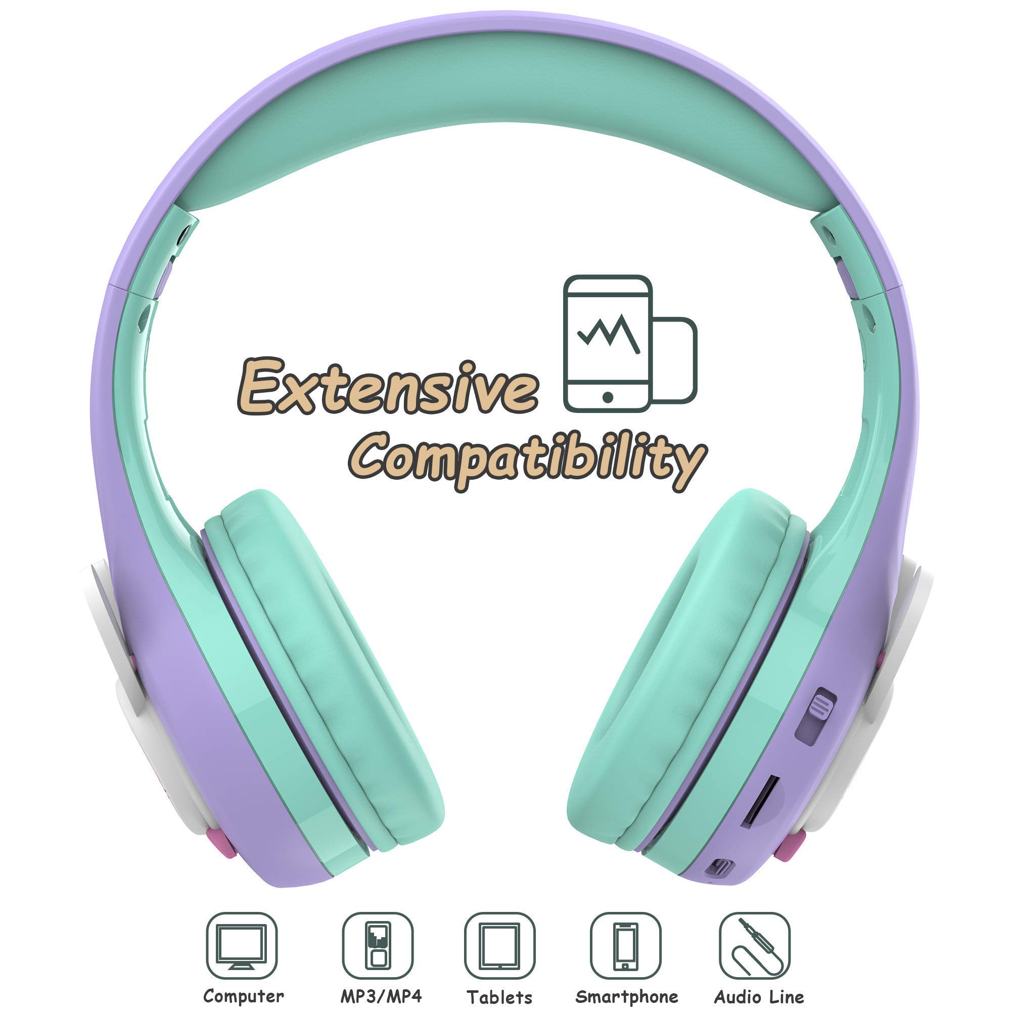 Riwbox WT-7S&RB-7S Kids Headphones Wireless, Bundle 2 Packs Foldable Stereo Bluetooth Headset with Mic and Volume Limited for PC/Laptop/Tablet/iPad (Blue&Purple)