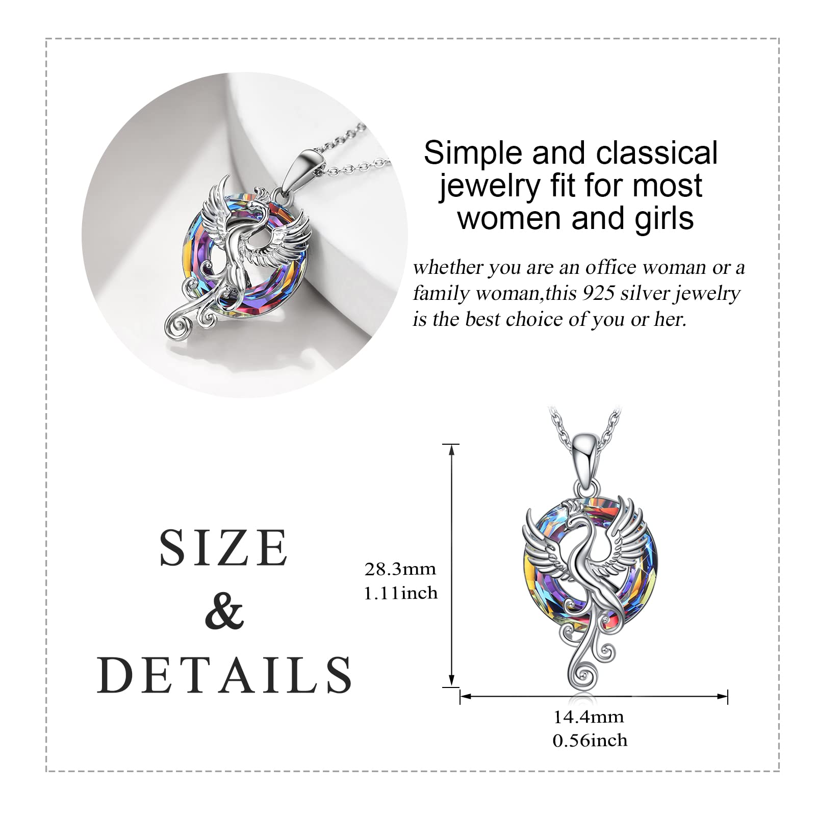 YAFEINI Phoenix Pendant Necklace 925 Sterling Silver Jewelry Gifts for Women Mom (Volcanic crystal)