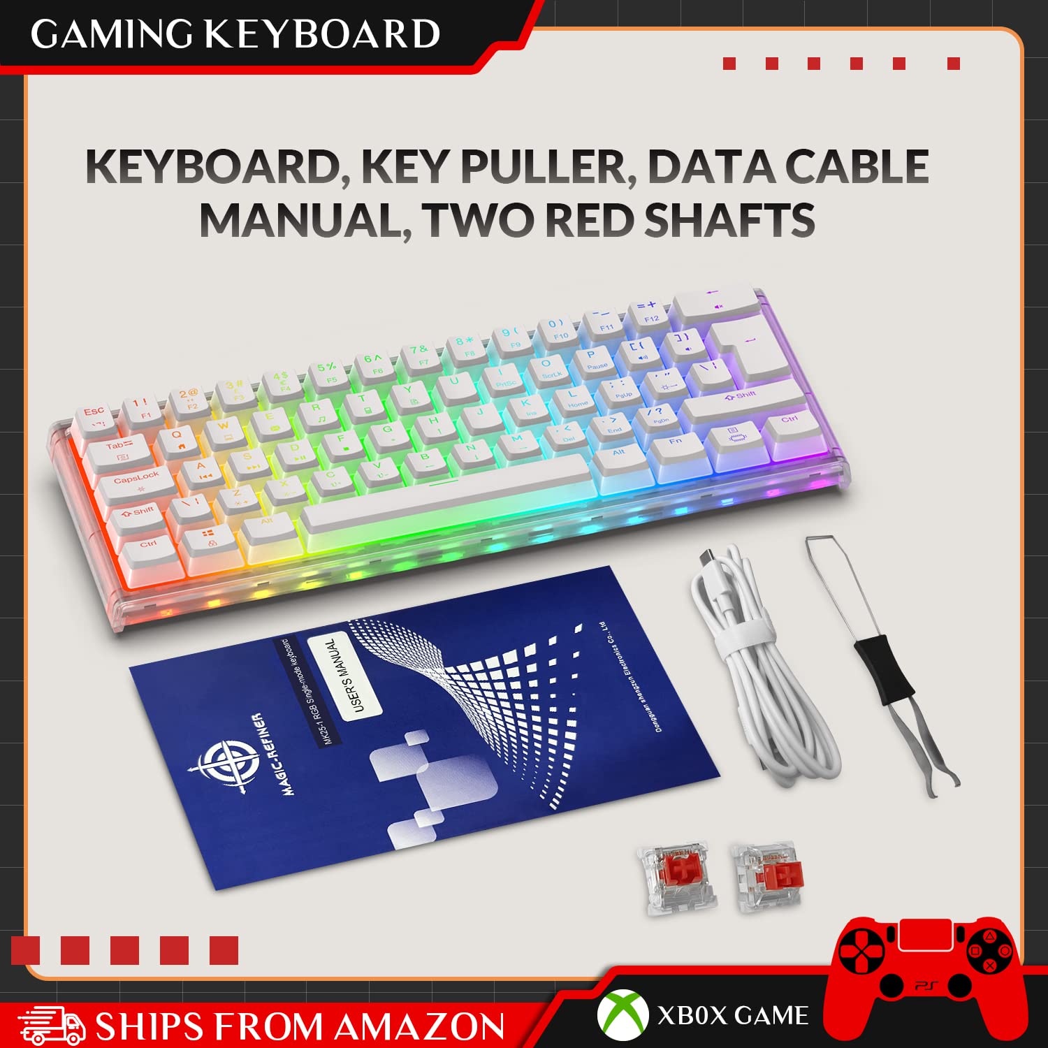 ZIYOU LANG MK25-1 60% Mechanical Keyboard Custom Hot Swappable Gaming Keyboard Programmable w/RGB Backlit Transparent Case Pudding Keycaps NKRO Compact for Gamer Typist PC PS4 Xbox(Linear Red Switch)