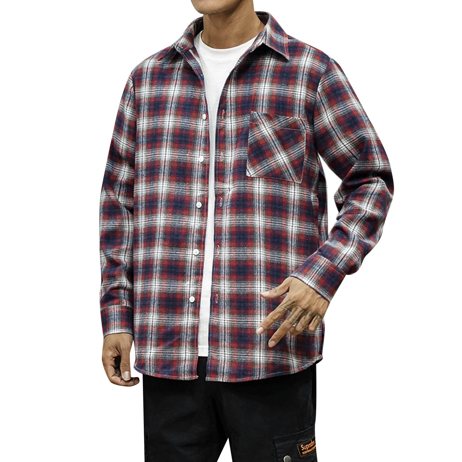 Shacket Jacket Men Oversized Flannel Plaid Shirts for Men Long Sleeve Button Down Shirts Blouse tops Mens Jacket Shirt
