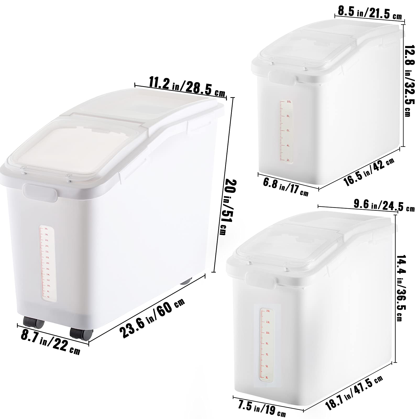 VEVOR Ingredient Storage Bin, 11.4+5.8+3.4 Gal Capacity Shelf Ingredient Bin, 500 Cup Flour Bins on Wheels Commercial Prosave Ingredient Bin with Lid and Scoop Rice Bin for Kitchen White