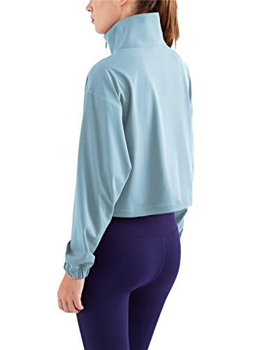 Tanming Women's Cropped Athletic Running Jacket Half Zip Pullover Workout Yoga Shirt (Blue-XL)