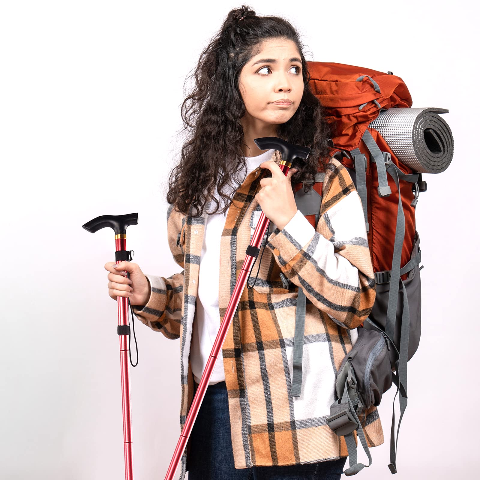 Trekking Poles Aluminum Collapsible Hiking Pole Anti-Slip Walking Sticks for Men Folding Ladies Hiking Sticks (Red)