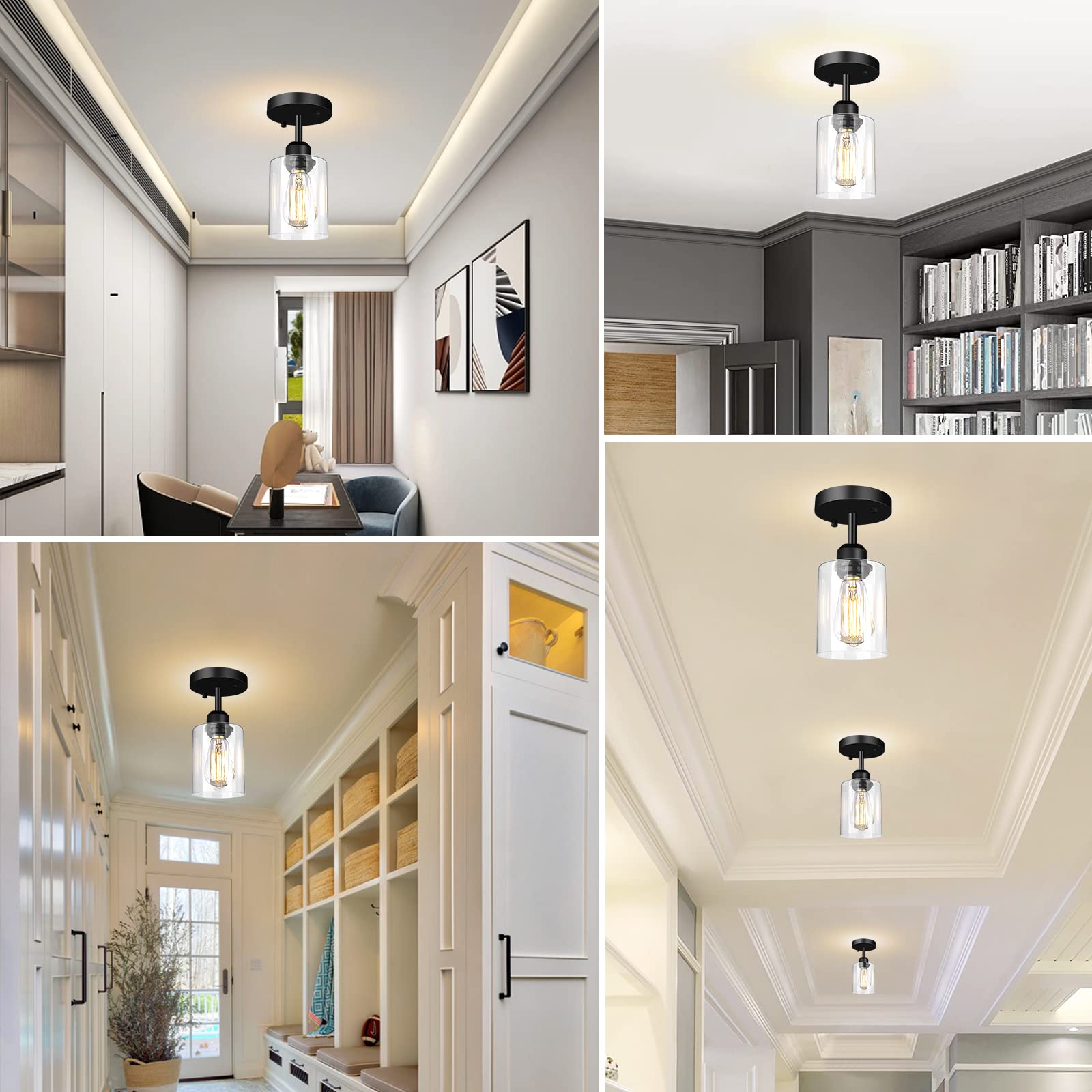 Sheetea 3-Pack Semi Flush Mount Ceiling Lights, Modern Close to Ceiling Light Fixtures with Clear Glass Shades, Black Industrial Lighting Ceiling Mount for Hallway Entryway Kitchen Bedroom Foyer