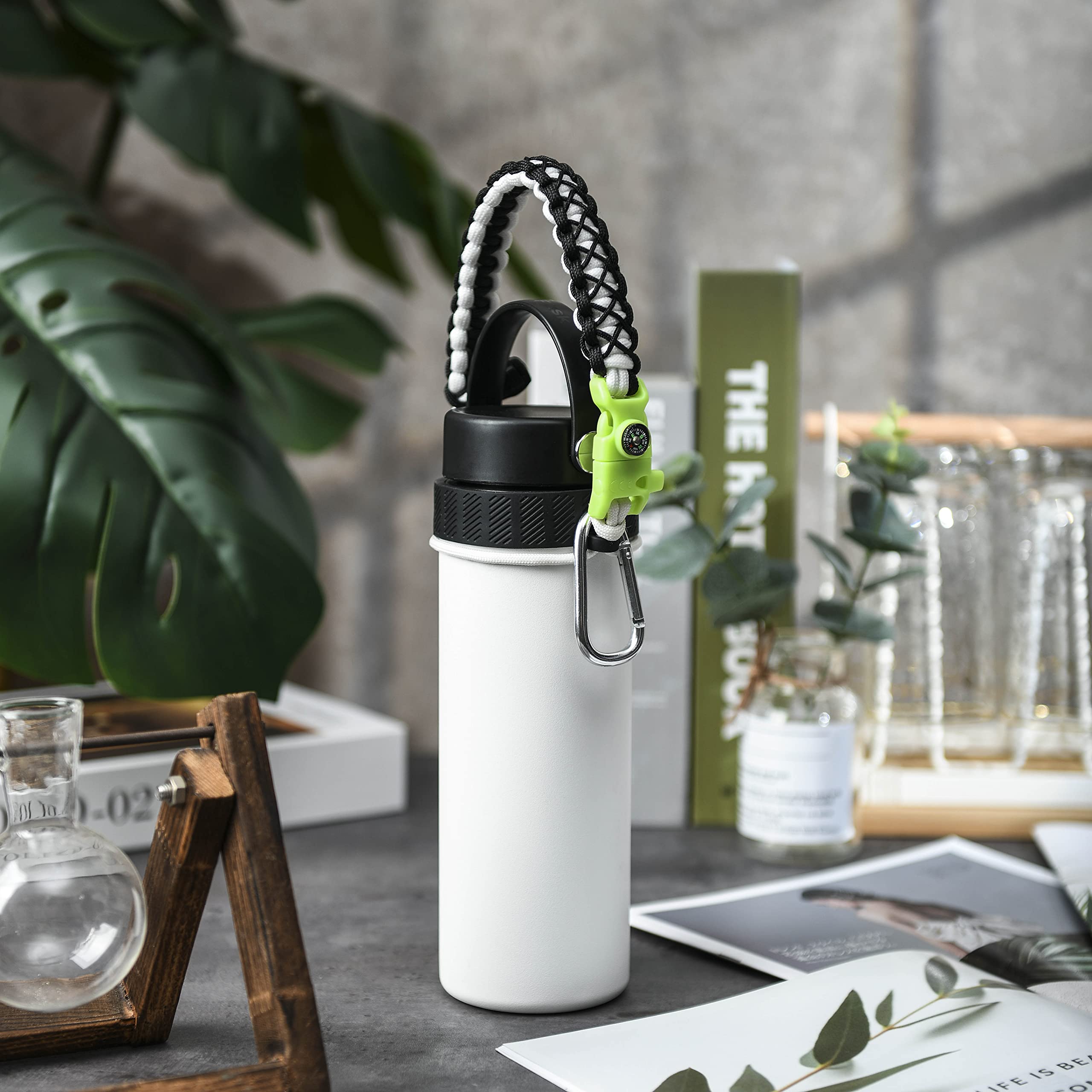 QeeCord Paracord Handle Compatible with Hydro Flask 2.0 Wide Mouth Water Bottle Carrier with New Ring and Carabiner, 12oz, 16oz,18oz, 32oz, 40oz, 64oz (32 oz-40 oz Wide Mouth, Glow White)