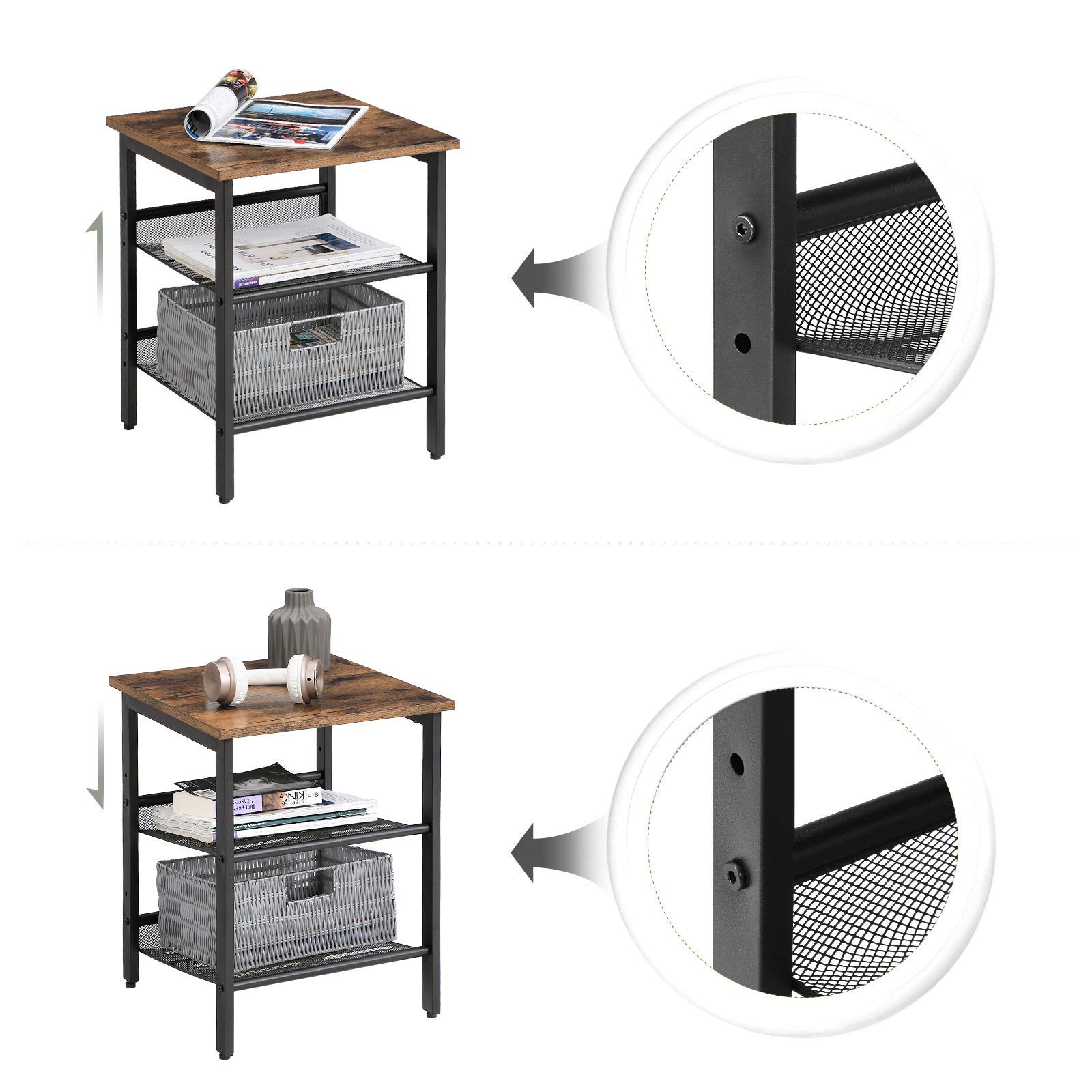 VASAGLE Computer Desk Bundle with Set of 2 Side Tables, Industrial Style Office Furniture Set with Stable Metal Frames, Shelving, Rustic Brown ULWD55X and ULET24X