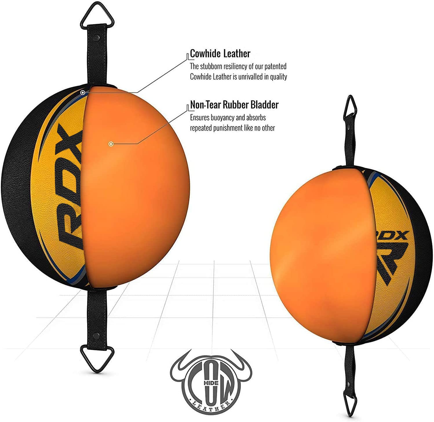 RDX Double End Speed Ball Leather Boxing Double End Speed Ball Bag MMA Double End Dodge Ball Punching Training Floor to Ceiling Rope Workout (Golden)