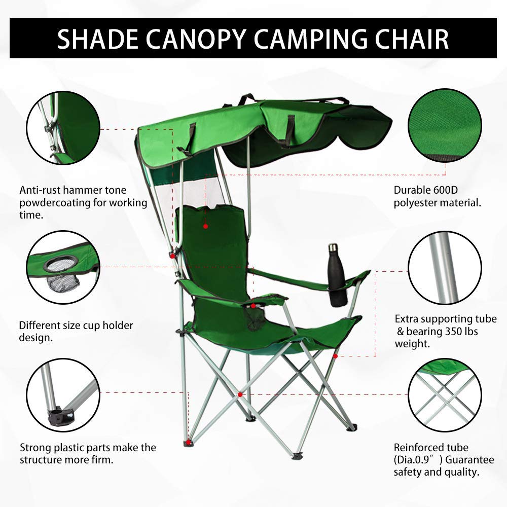 unhg Camp Chairs with Shade Canopy Chair Folding Camping Recliner Support 380 LBS， with Two Cup Holders and Carry Bag, for Outdoor Beach Camp Park Patio