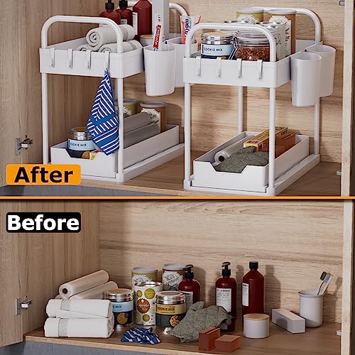 Under Sink Organizer, 2 Tier Sliding Bathroom Organizer Cabinet Storage with Hooks, Hanging Cups, Handles, Multi-purpose Under Sink Shelf Organizer for Bathroom Kitchen(1 Pack)