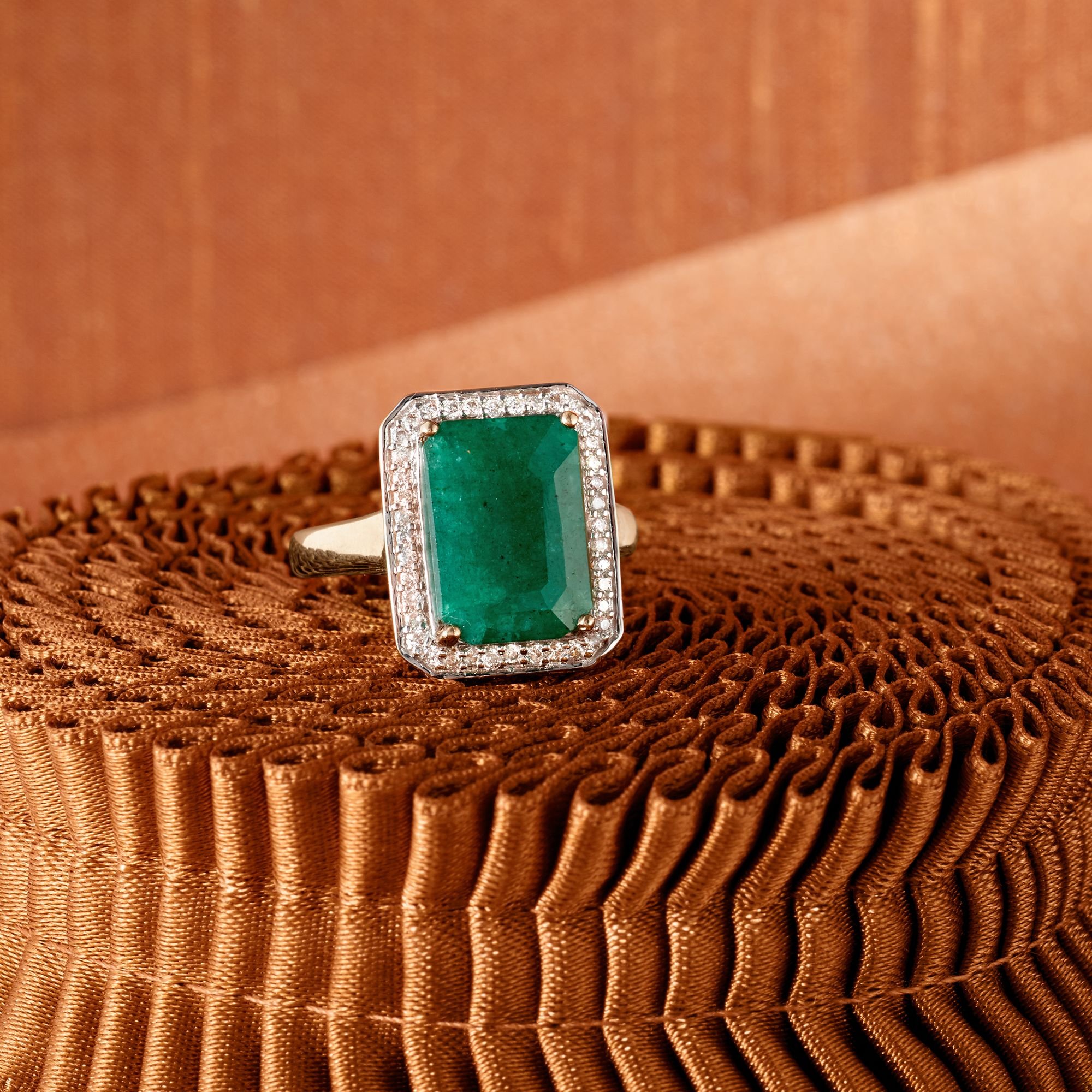 Ross-Simons 5.50 Carat Emerald and .20 ct. t.w. Diamond Ring in 14kt Yellow Gold. Size 5