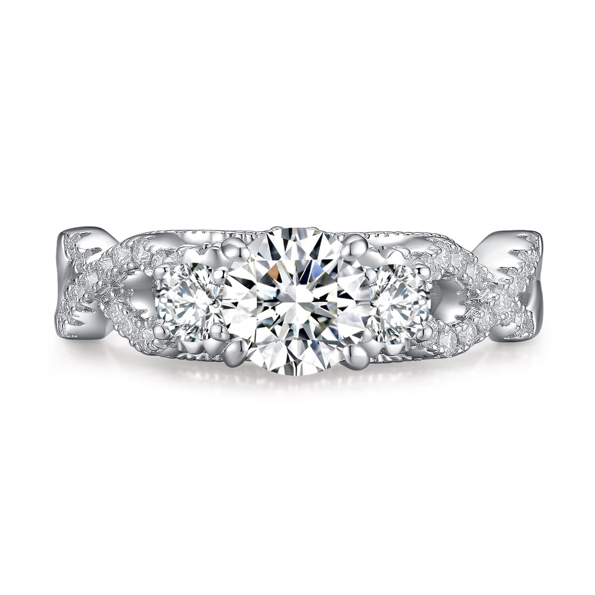 ZLAEBL 1.8CT Engagement Rings for Women, Round Three Stone Moissanite Ring White Gold Plated Silver Moissanite Rings, Twisting Wedding Rings for Proposal Wedding,9