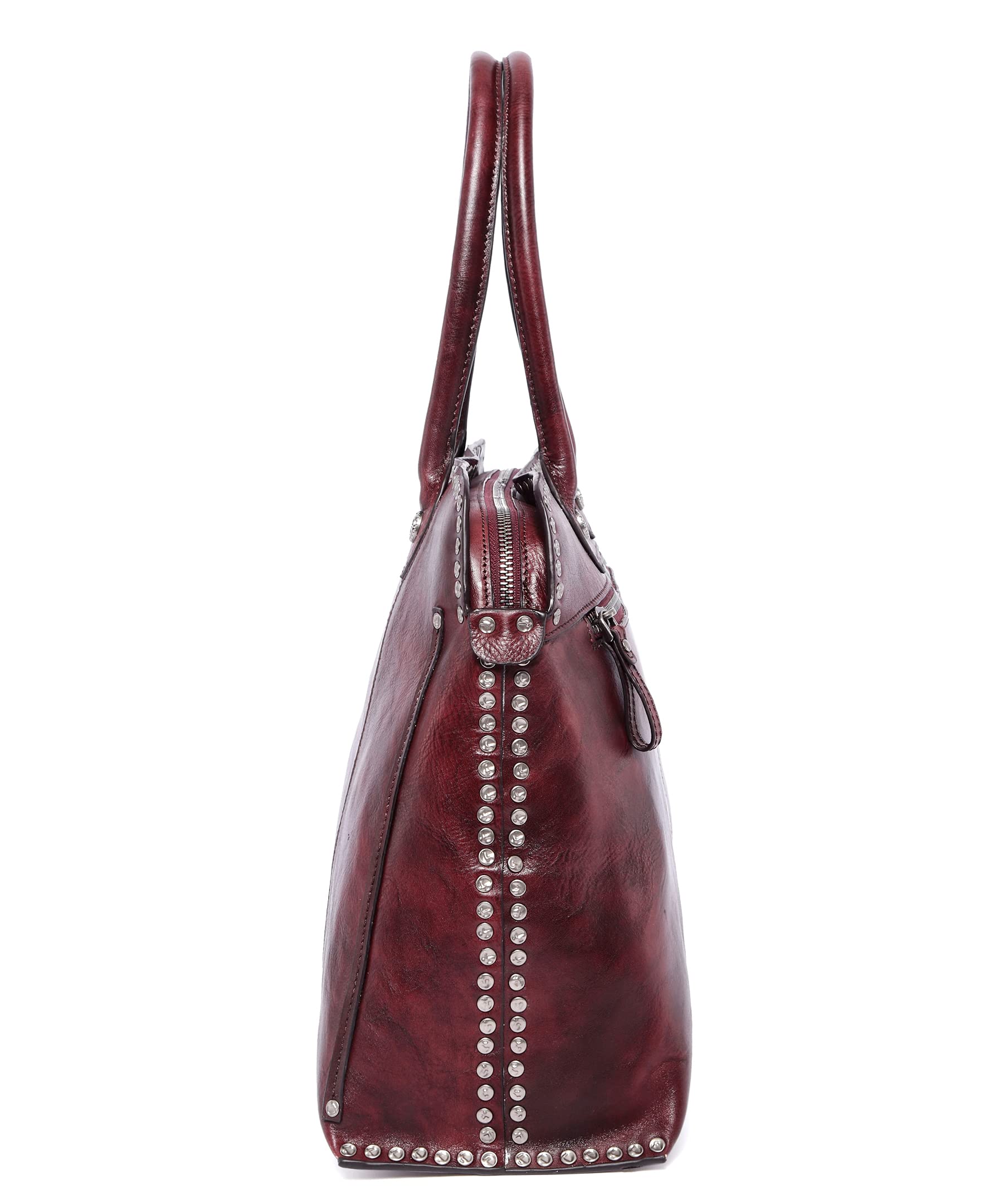 OLD TREND Genuine Leather Soul Stud Satchel Tote Bag Office Daily Handbage (Rusty Red)