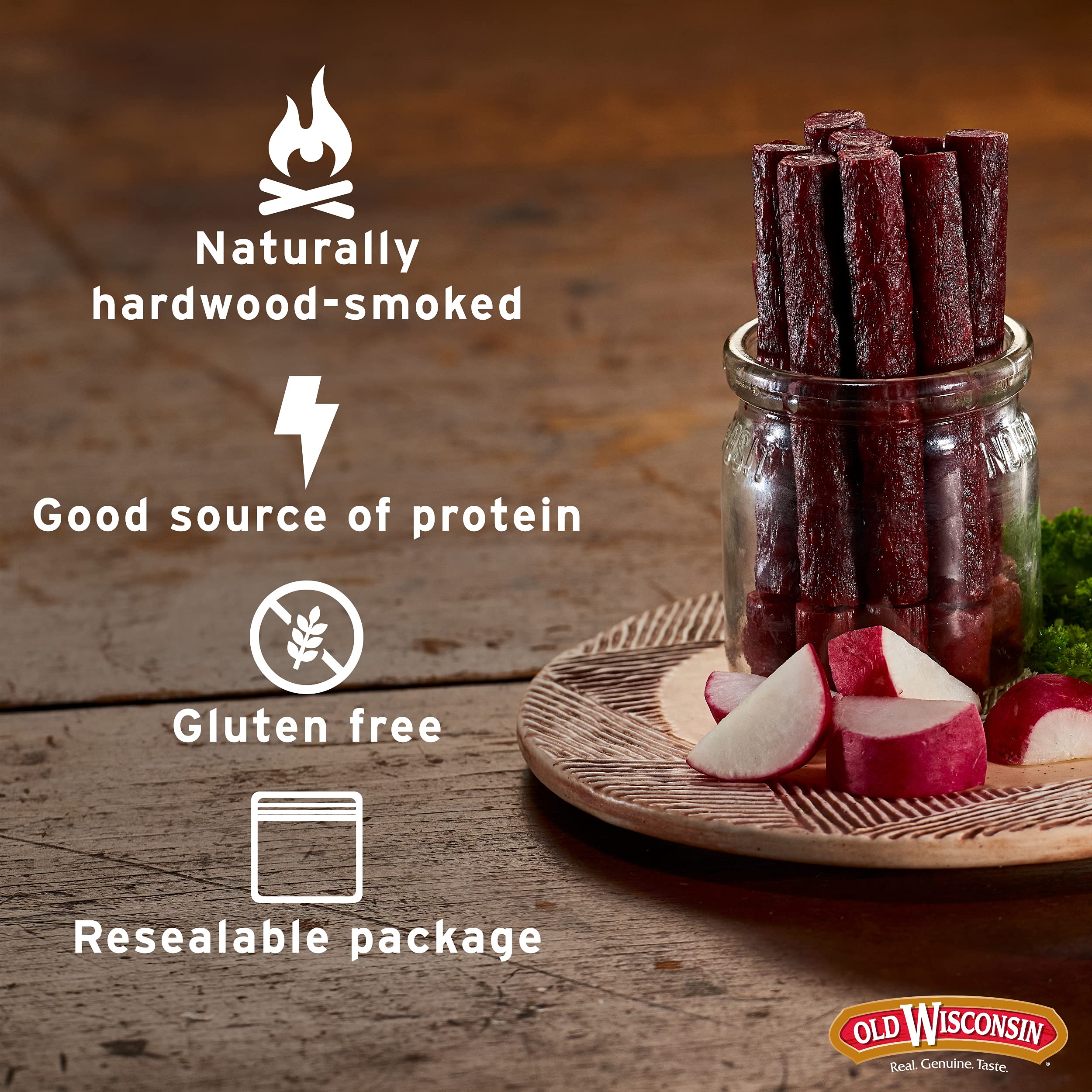 Old Wisconsin Beef Sausage Snack Sticks, Naturally Smoked, Ready to Eat, High Protein, Low Carb, Keto, Gluten Free, Counter Box, Pack of 42 Individually Wrapped Sticks