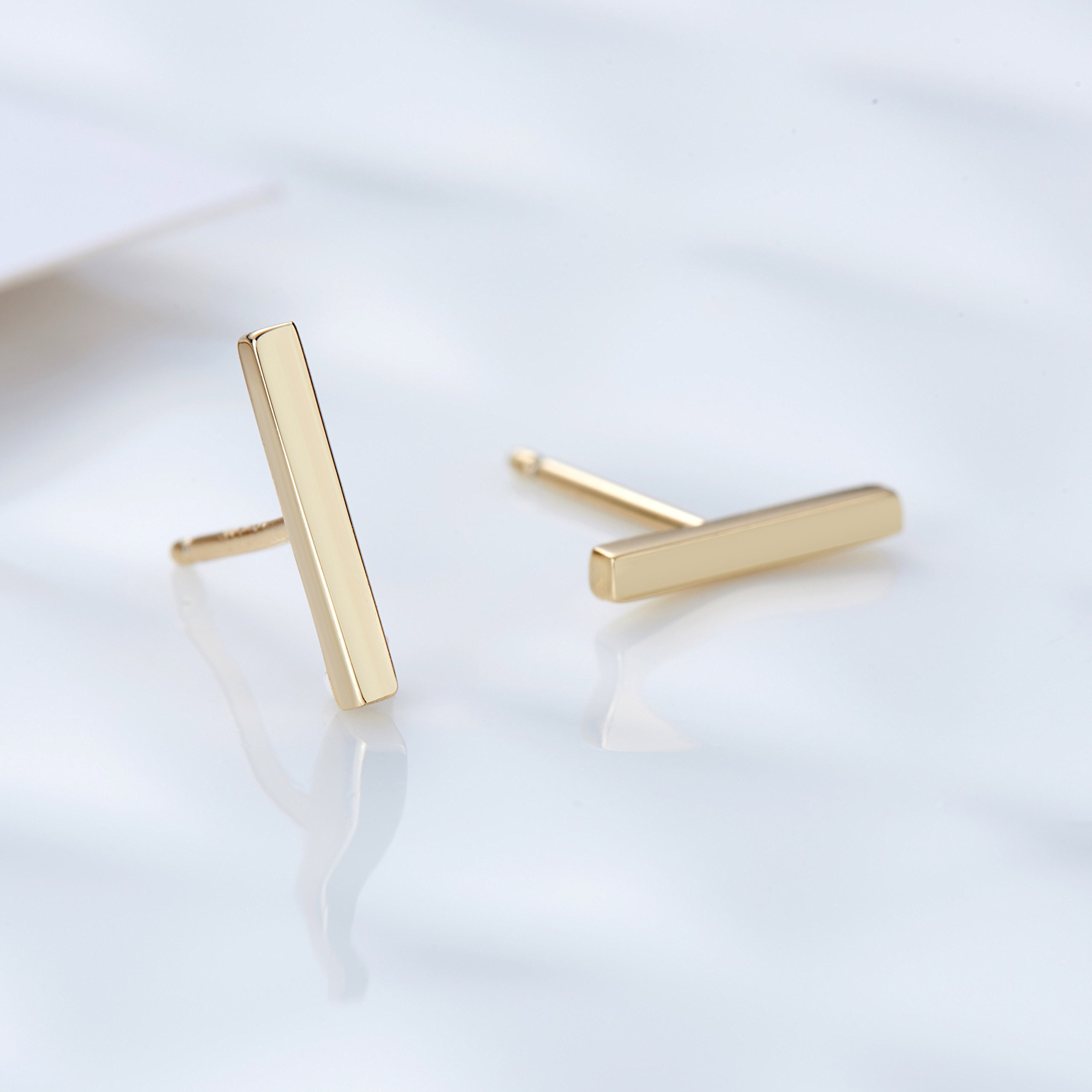 S.Leaf Sterling Silver Stud Earrings for Women Gold Plated Tiny Dot I Bar Earrings Dainty Simple Earrings for Women (14k Gold) (Square_Bar_Gold)
