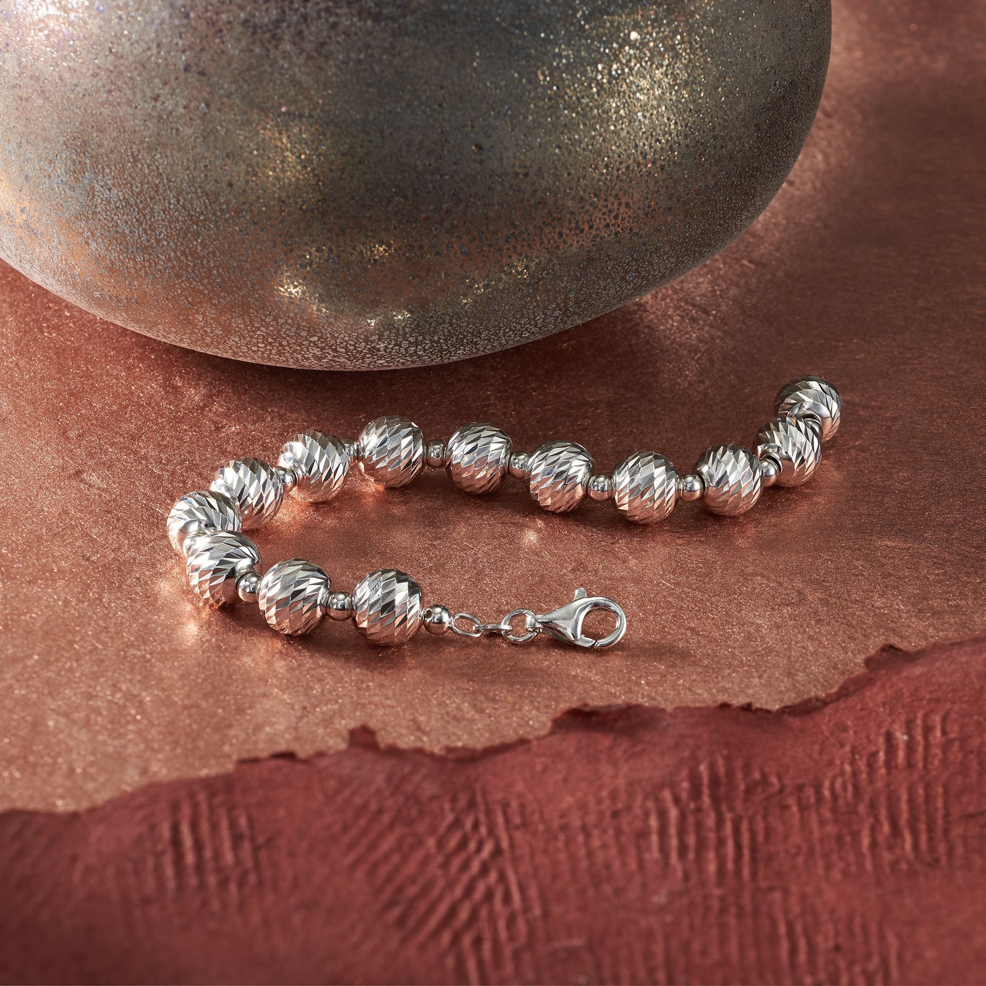 Ross-Simons Italian 4mm and 10mm Sterling Silver Diamond-Cut and Polished Bead Bracelet. 7.5 inches