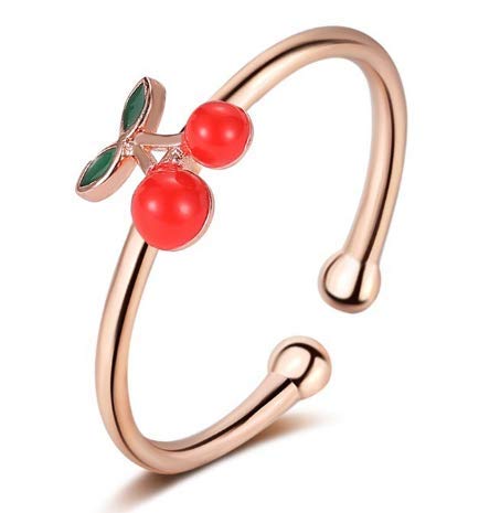 Tafeily Cute Red Cherry Ring Open Ring Band Ring Stacking Rings Adjustable Cherry Fruit Ring for Woman Girls (A)