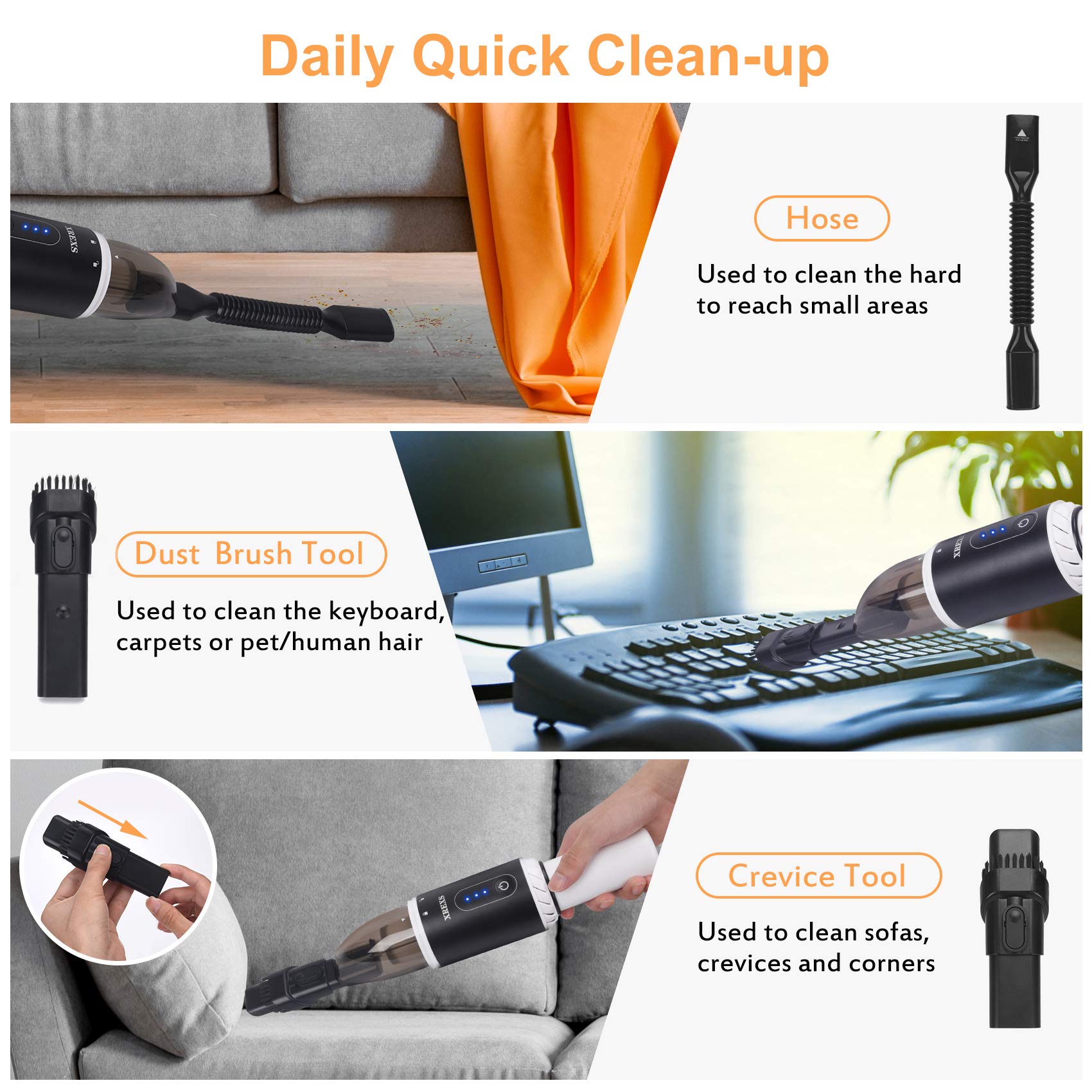 XREXS Handheld Vacuum Cordless, Portable Hand Held Car Vacuum Cleaner with High Power, Rechargeable Mini Vacuum for Home Pet Hair Cleaning