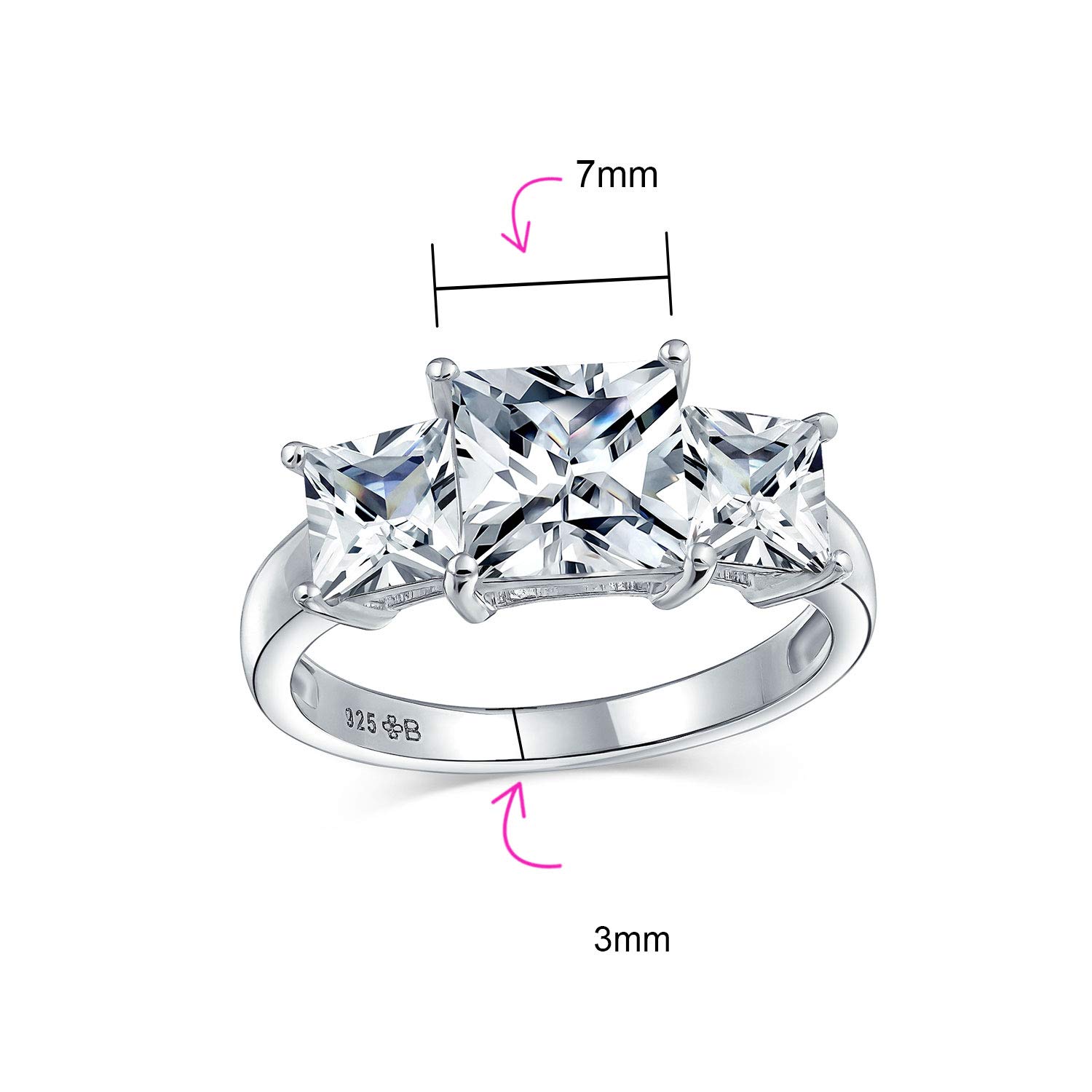 Personalize 3CTW Square AAA CZ Princess Cut Promise Ring Cubic Zirconia Past Present Future Three Stone Engagement Ring for Women .925 Sterling Silver Customizable