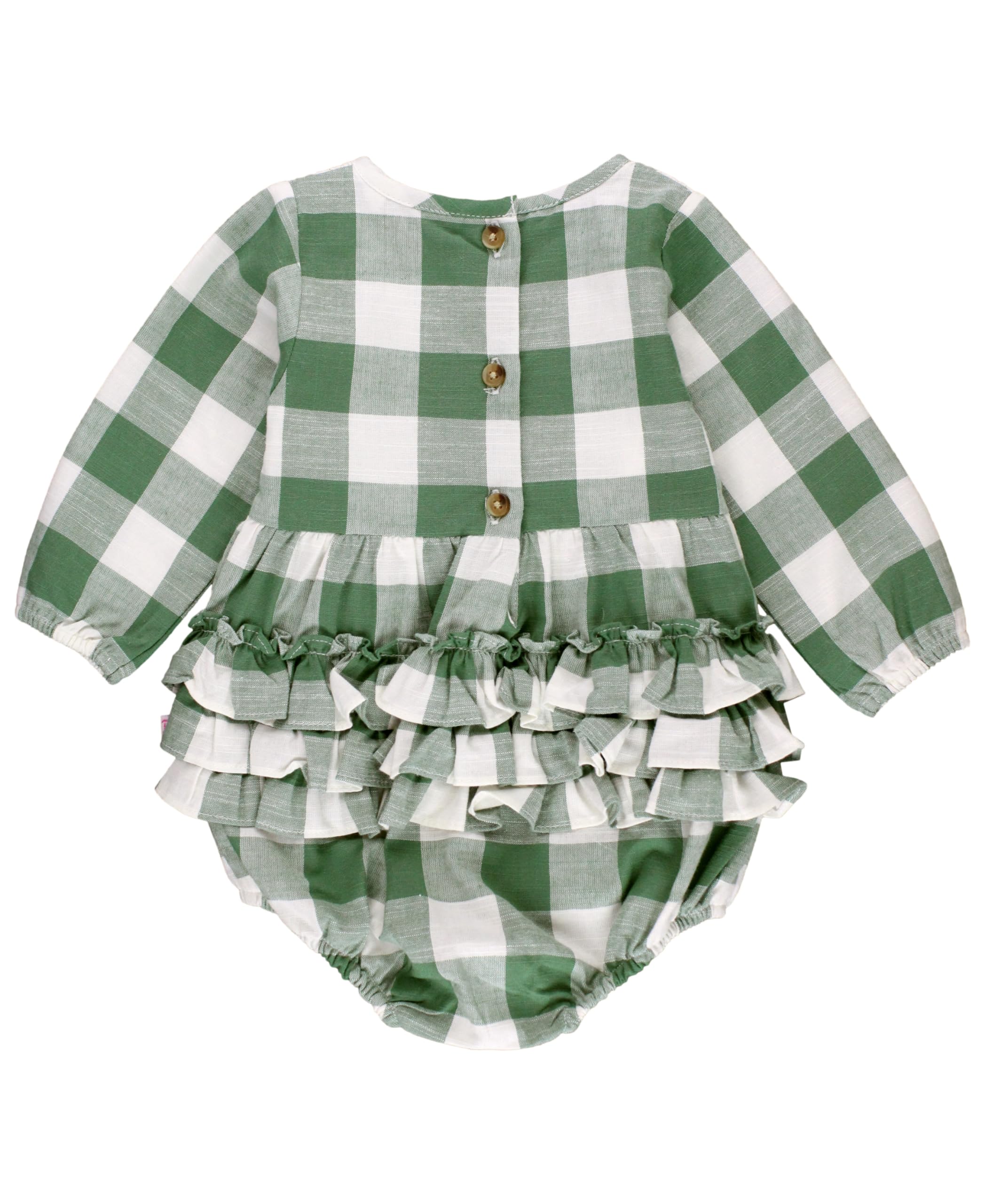 RuffleButts Dark Ivy Plaid Long Sleeve Smocked Bubble Romper - 12-18m