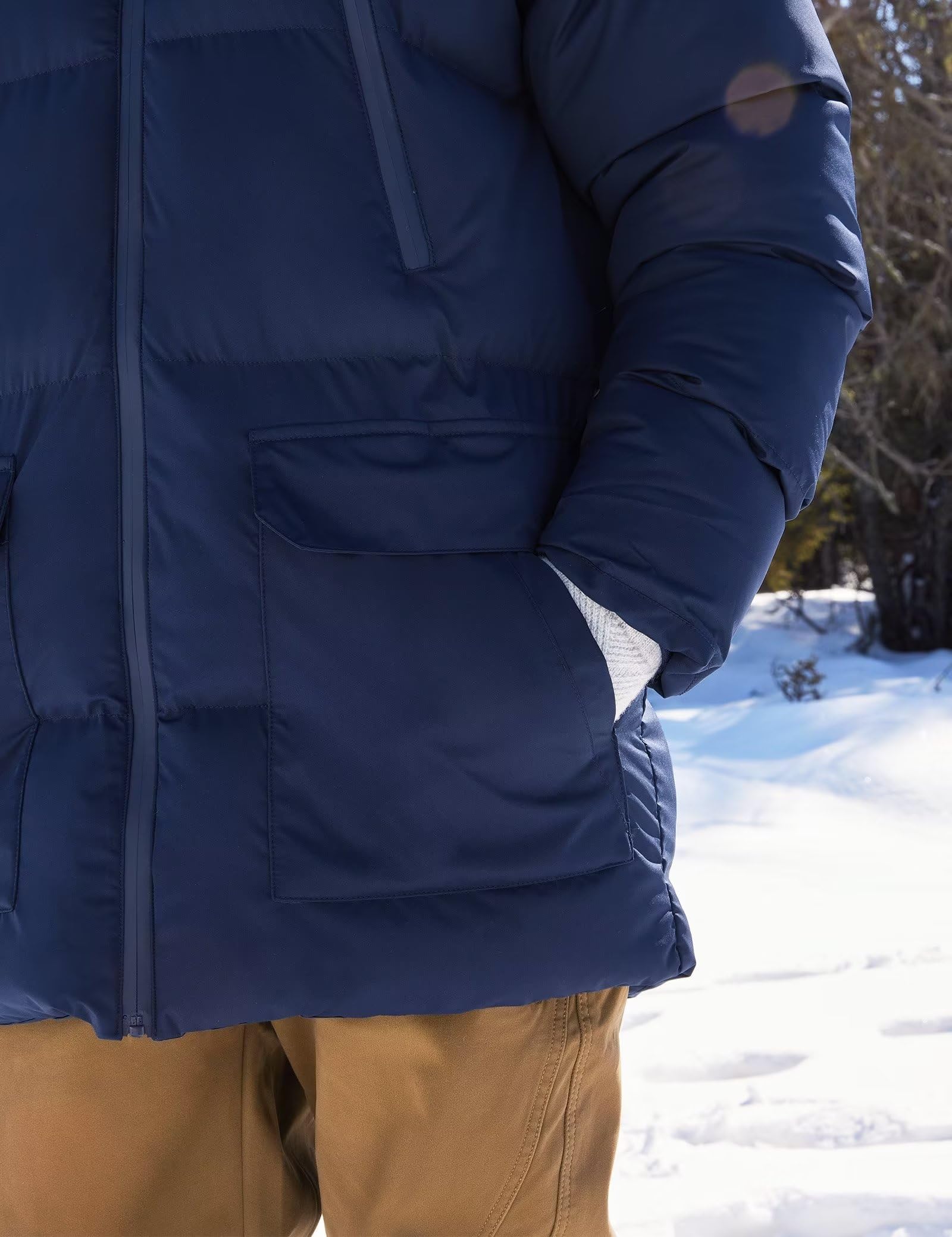 Rejork Men's Long Winter Coat Hooded Warm Quilted Jacket Water-resistant Cold Weather Parka Navy L